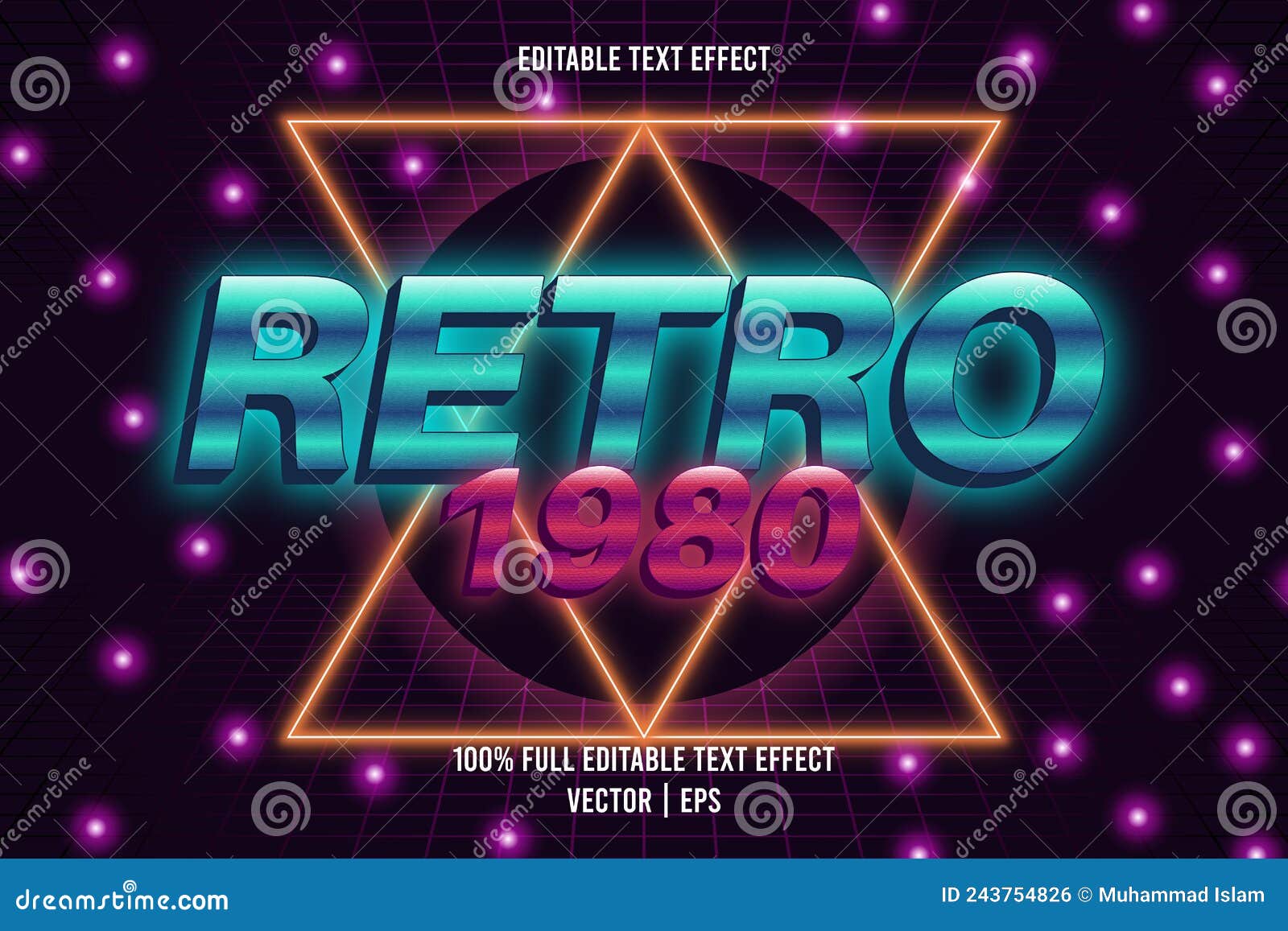 Retro 1980 Editable Text Effect Glossy Neon Style Stock Vector ...