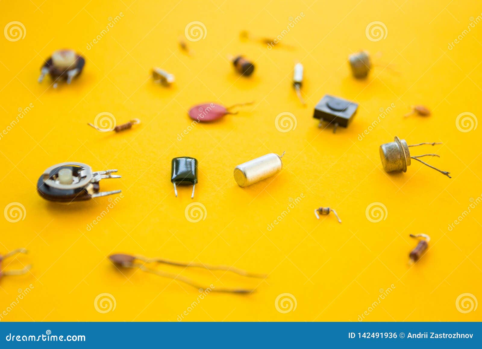 Retro Electronic Components in Yellow Background, Concept Stock Photo ...