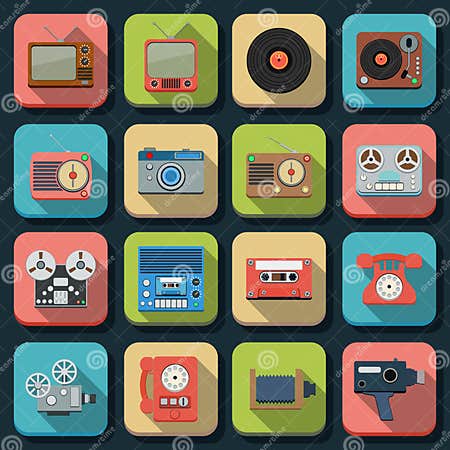 Retro Electronic Flat Vector Icons Stock Vector - Illustration of ...