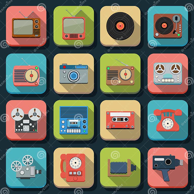 Retro Electronic Flat Vector Icons Stock Vector - Illustration of ...