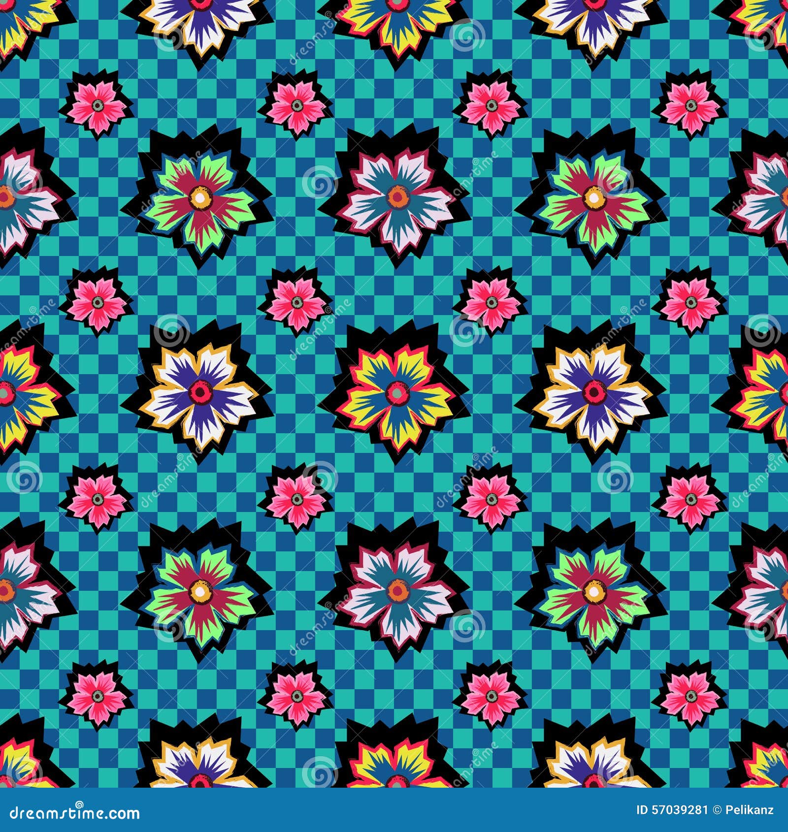 Retro Exotic Pink Flowers On Checkered Background Pattern Cartoon ...