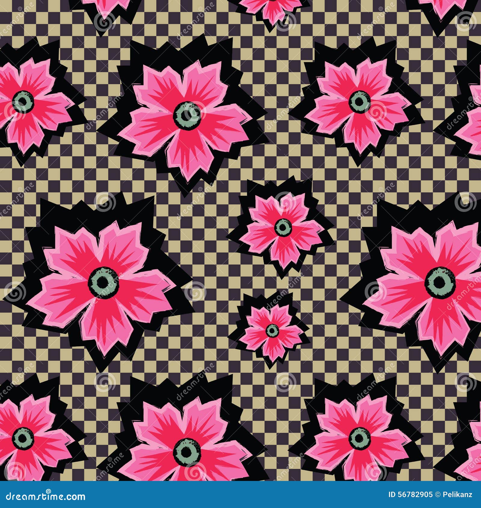 Retro Exotic Pink Flowers On Checkered Background Pattern Cartoon ...