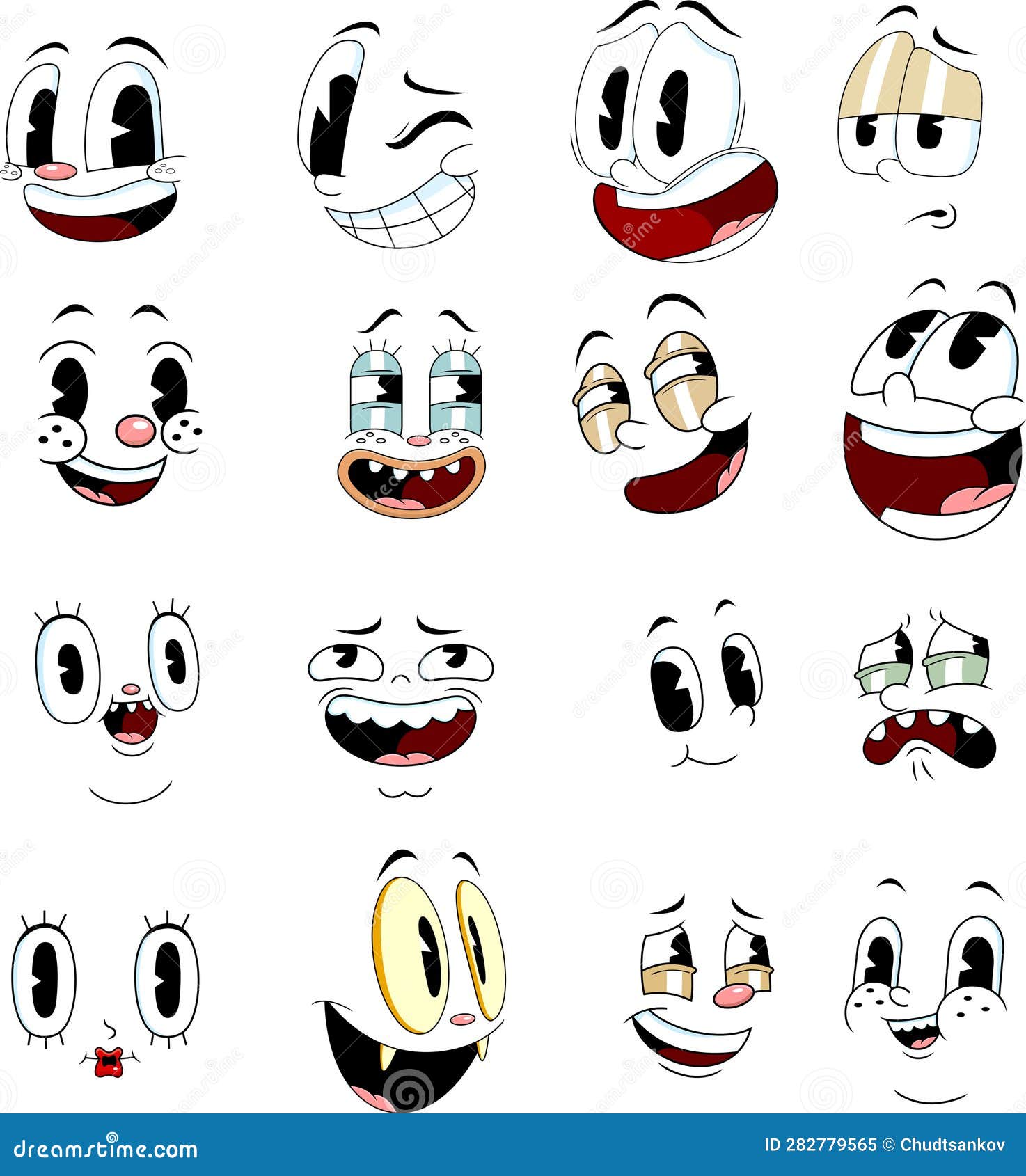 Retro Cartoon Funny Faces 30s, 50s, 60s Vintage Old Animation Style ...