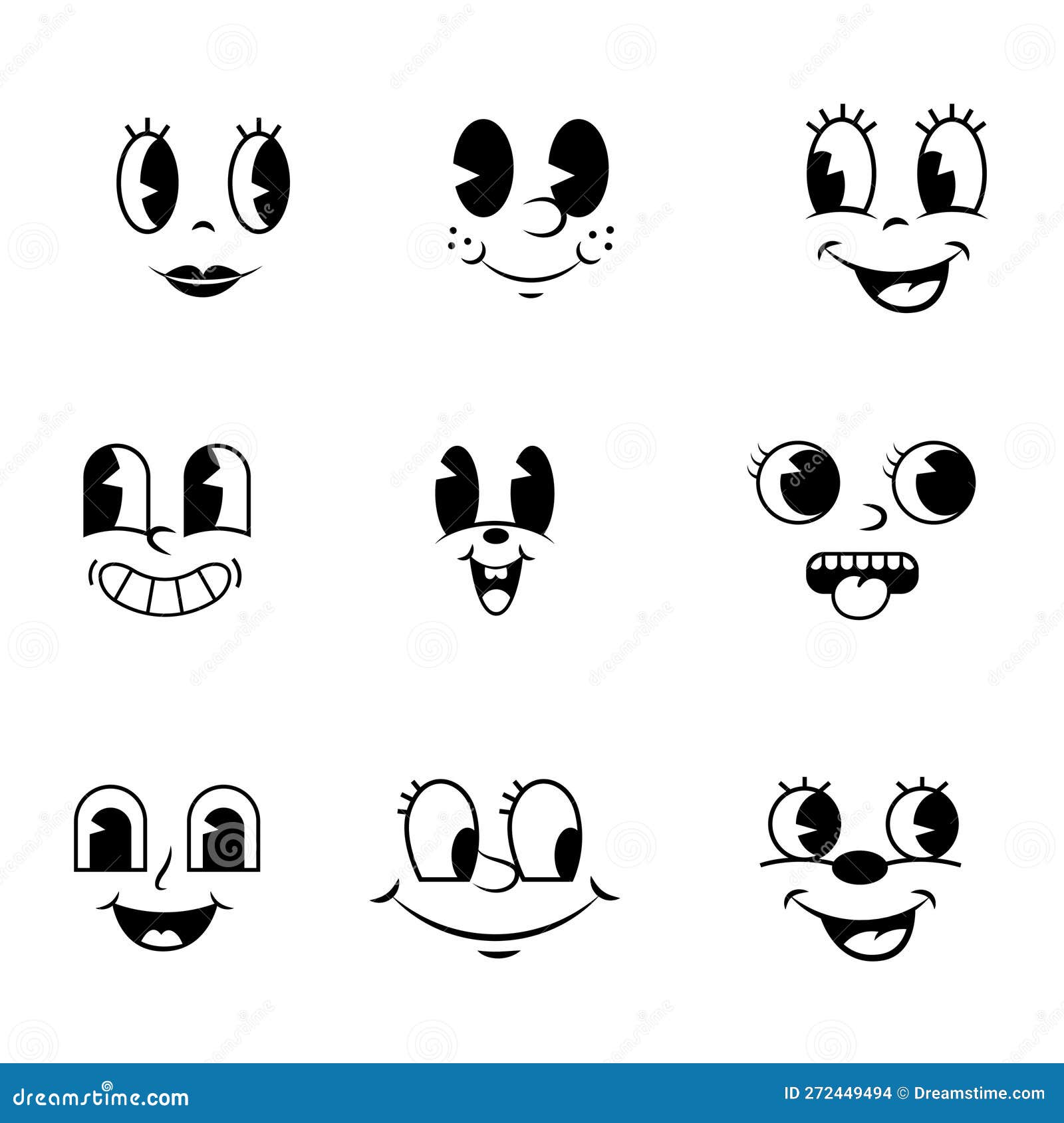 Retro Faces. Emotion Expression Vintage Mascot With Eyes And Mouths ...