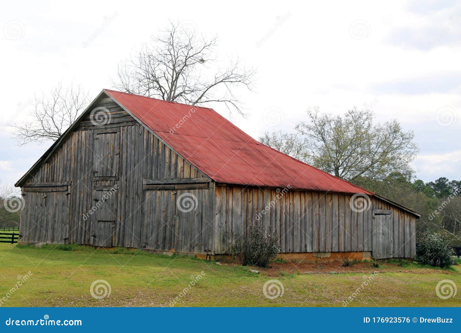 Retro Farm Barn Red Roof Empty Field Stock Photo - Image of remote ...