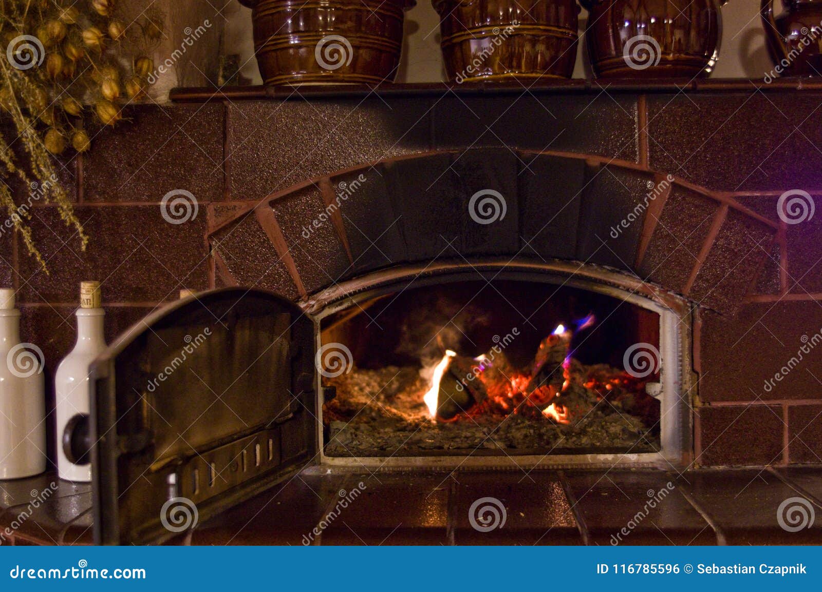 Retro Fireplace in the Rustic Kitchen Stock Photo - Image of ...
