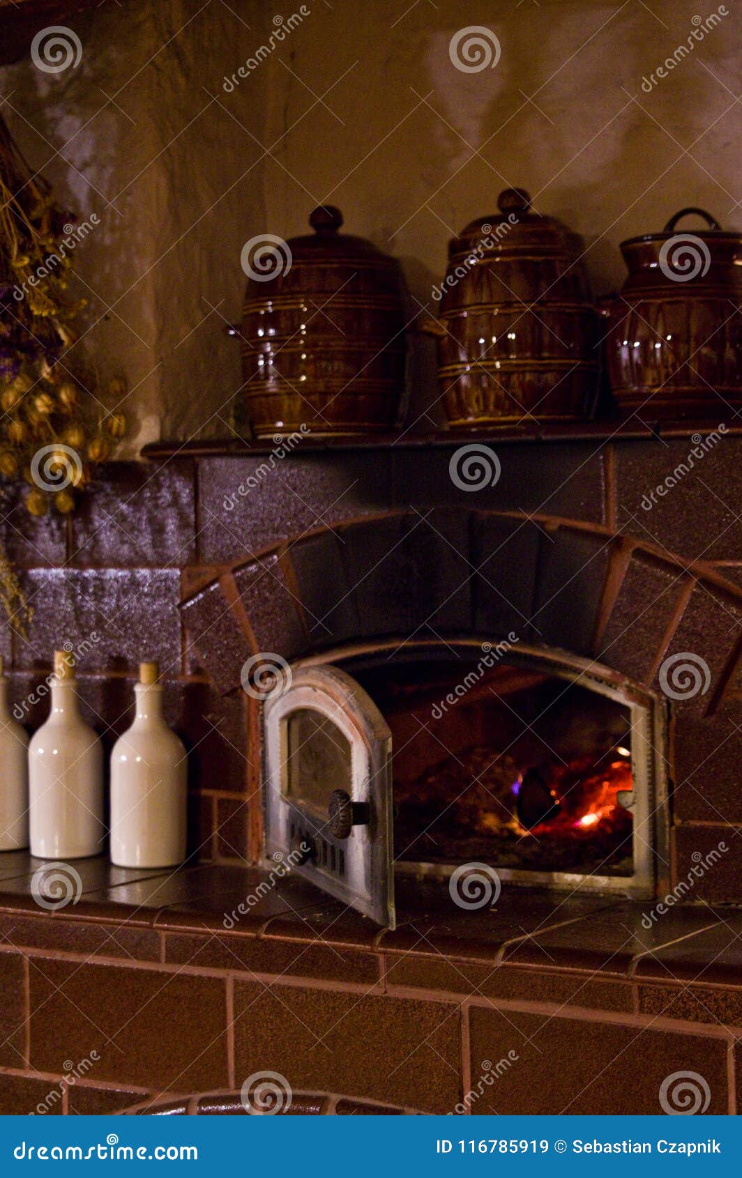 Retro Fireplace in the Rustic Kitchen Stock Image - Image of stone ...