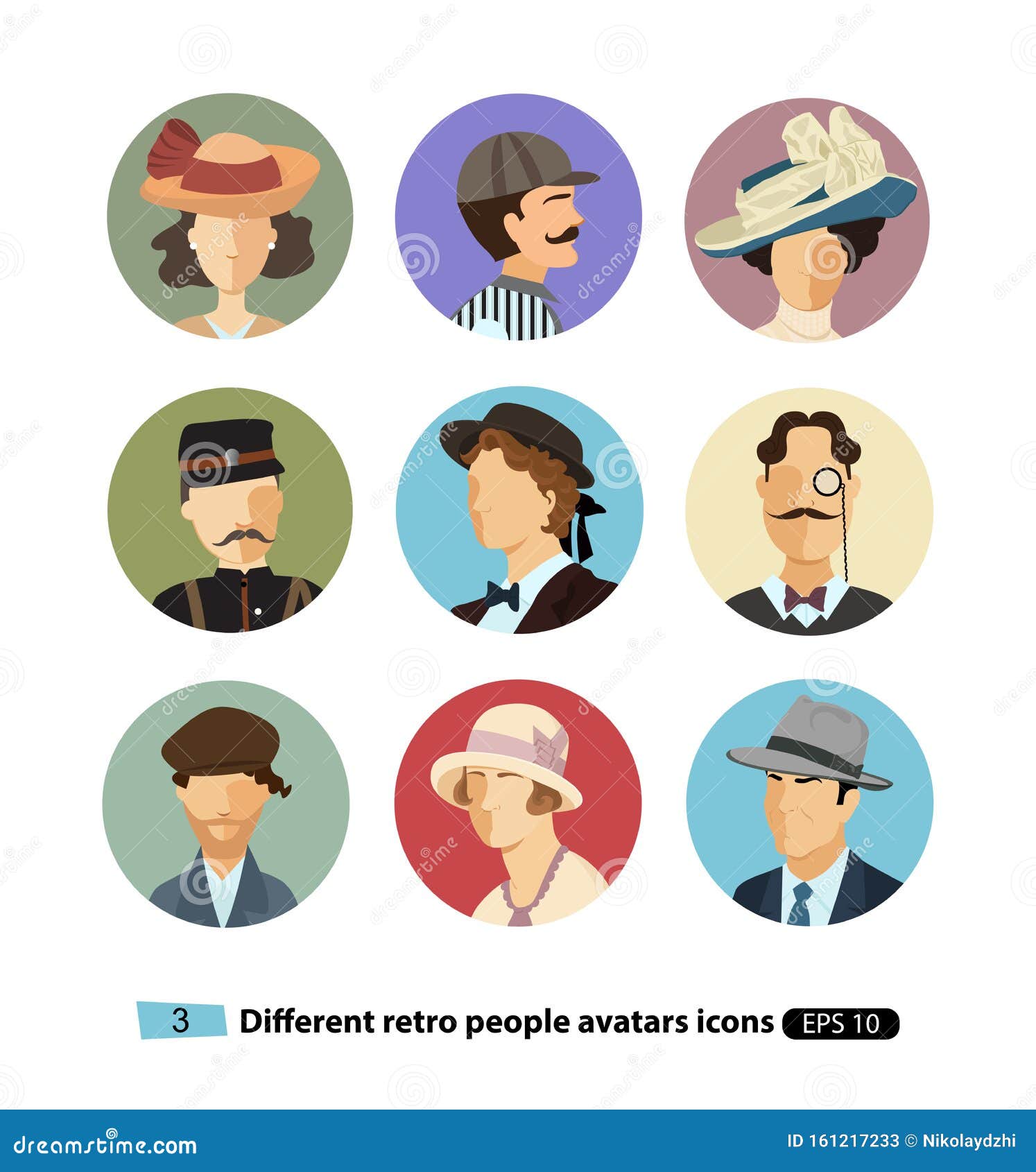 Retro Flat Avatars Set Isolated on White Stock Vector - Illustration of ...