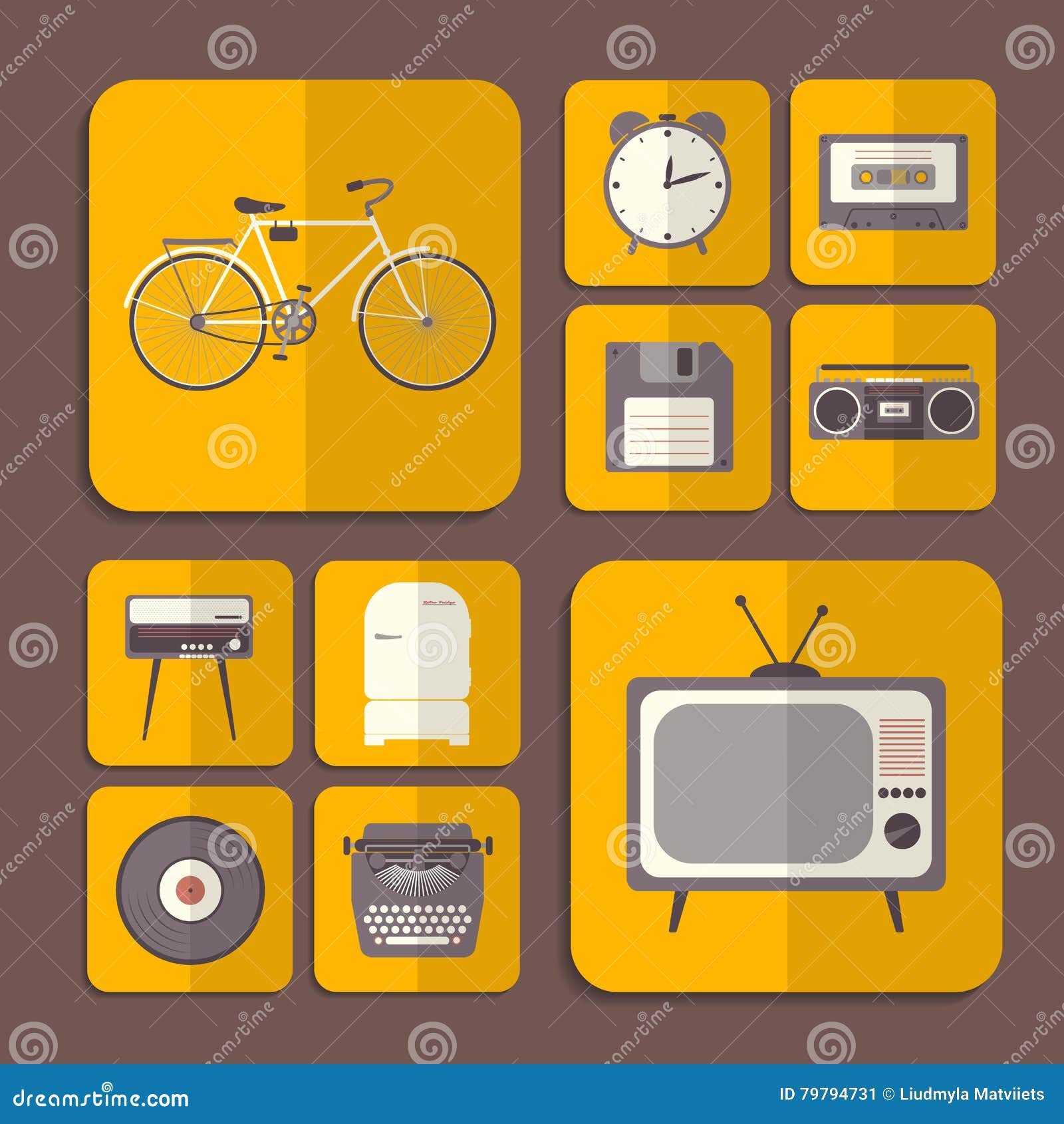 Retro Flat Icons in Orange Color. Stock Illustration - Illustration of ...