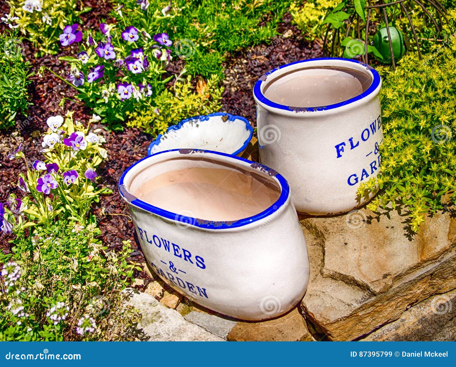 Retro Flower Pots in Blue and White Stock Image - Image of potting ...
