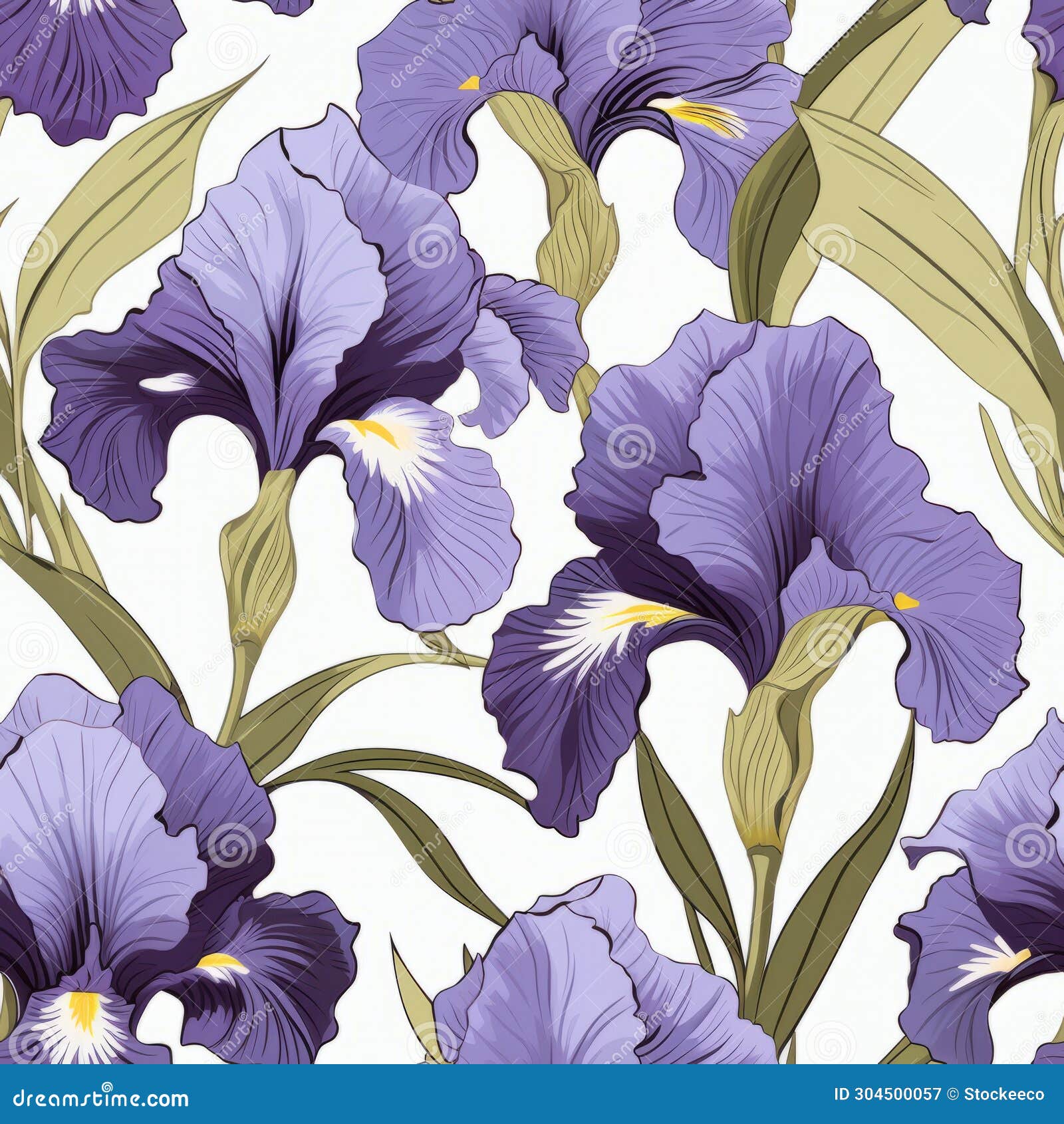 Retro Flower Seamless Pattern with Purple Iris on Solid White ...