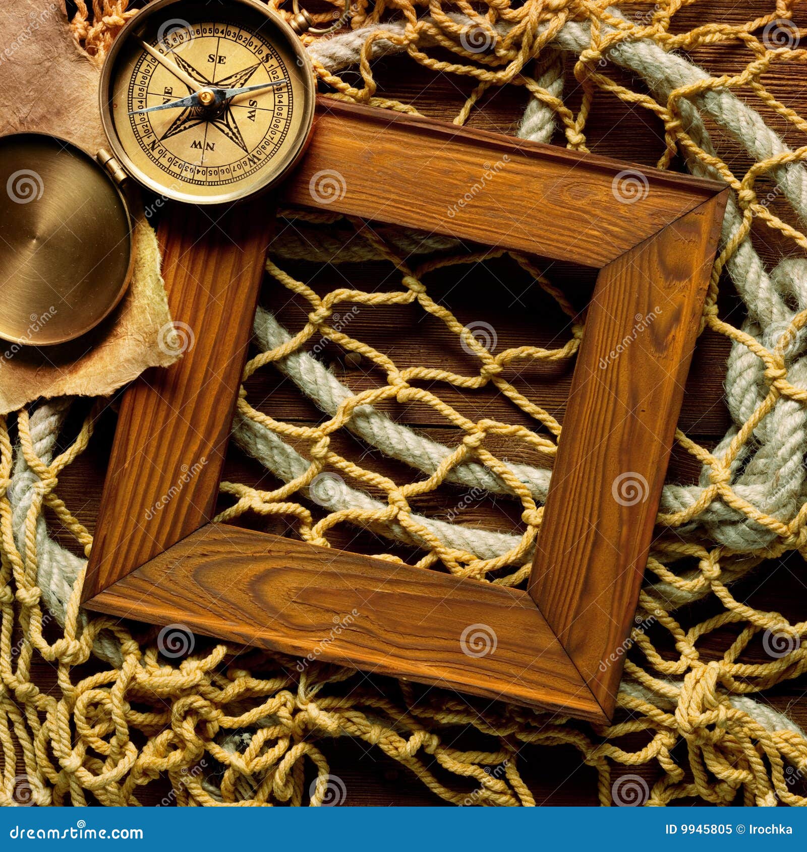 Retro Frame on Old Rope and Fishing Net Stock Image - Image of interior ...