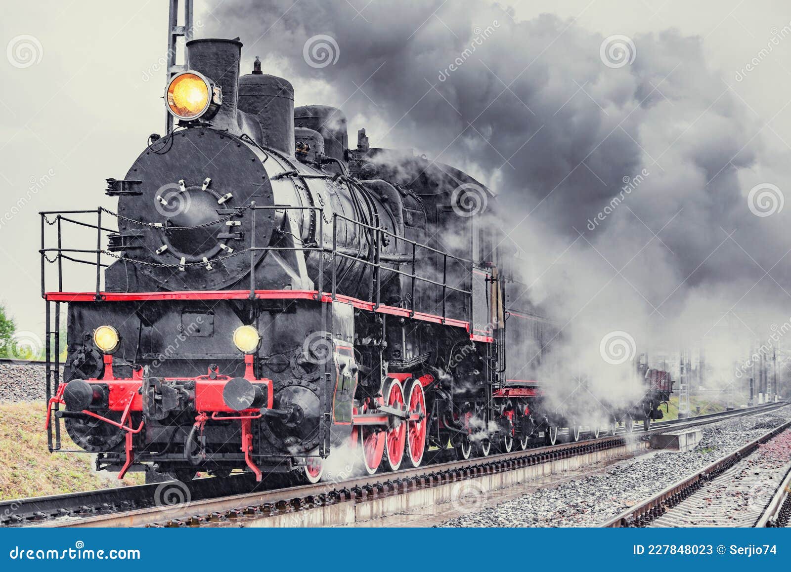 Retro Freight Train Moves Under the Rain Stock Image - Image of history ...