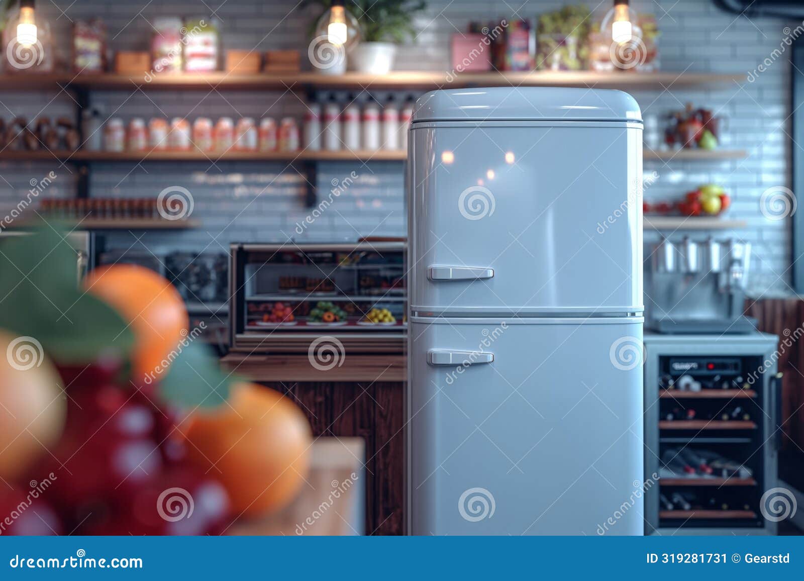 Retro Fridge in a Cozy Kitchen Setup Stock Image - Image of ambiance ...