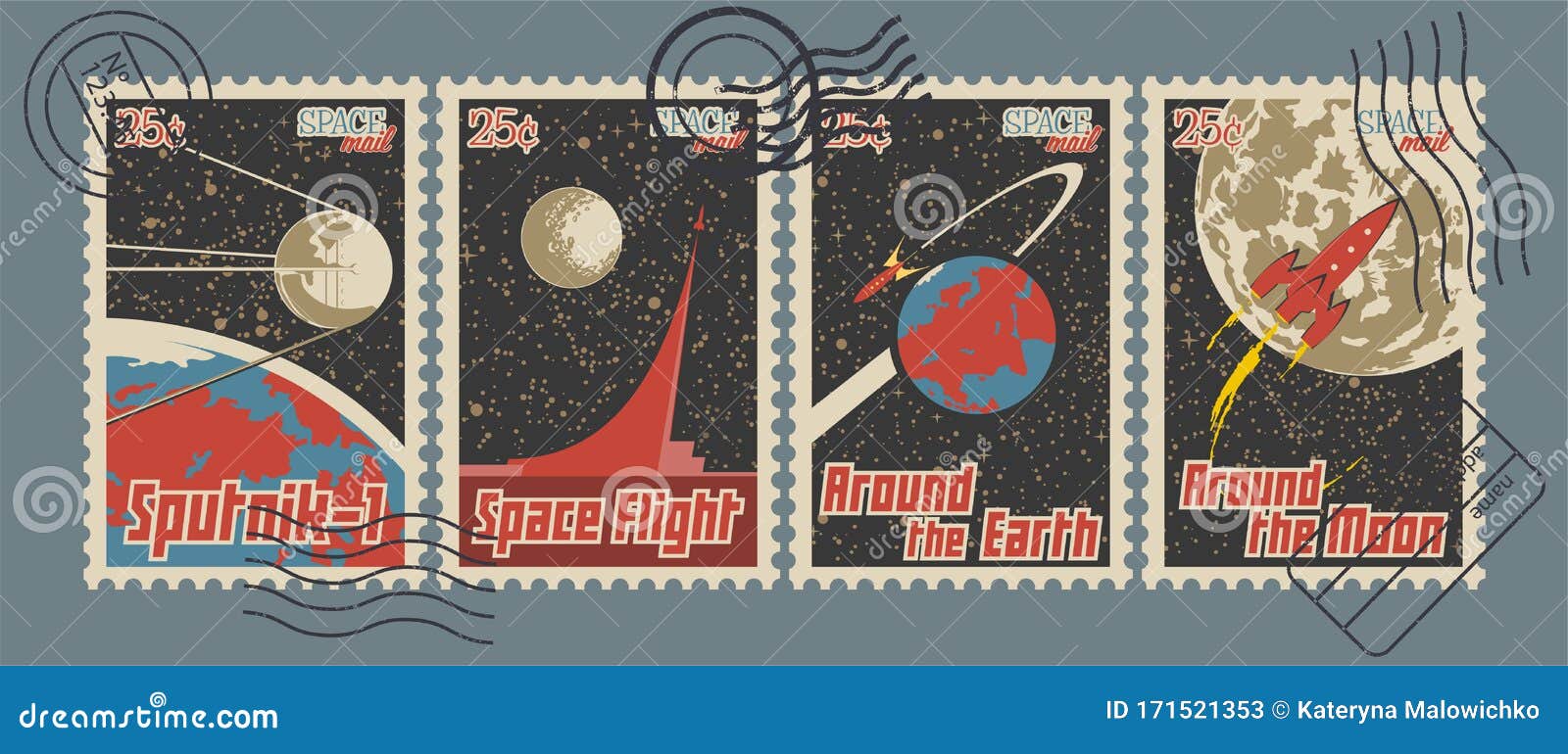 Soviet Space Style Postage Stamps Stock Illustration - Illustration of ...