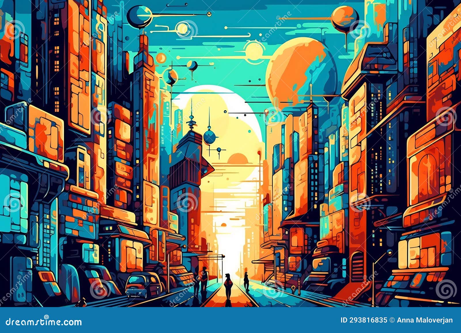 Retro Futuristic City Background. 80s Sci-fi Synthwave Cityscape Stock ...