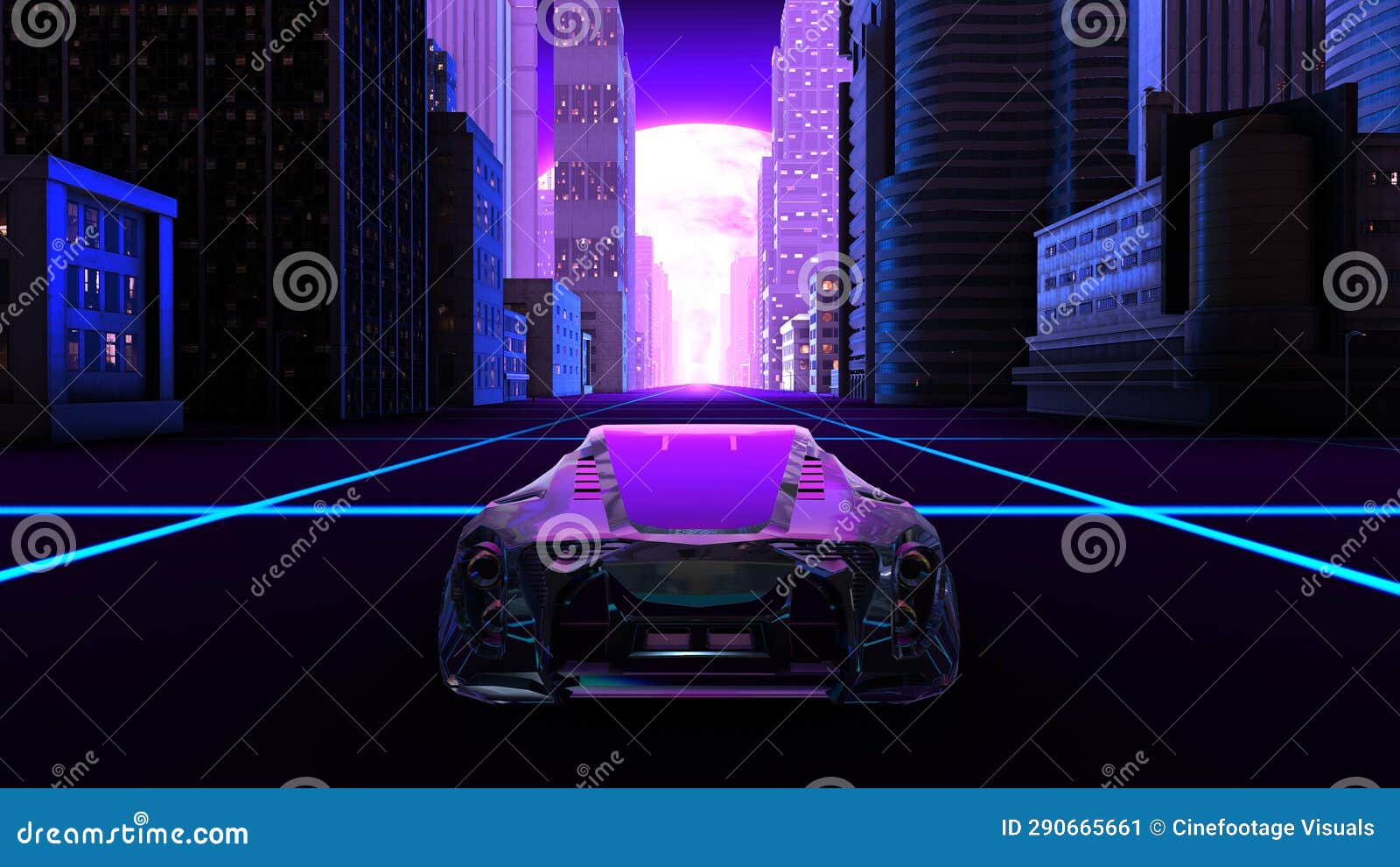 Retro Futuristic Cityscape with Car Stock Illustration - Illustration ...