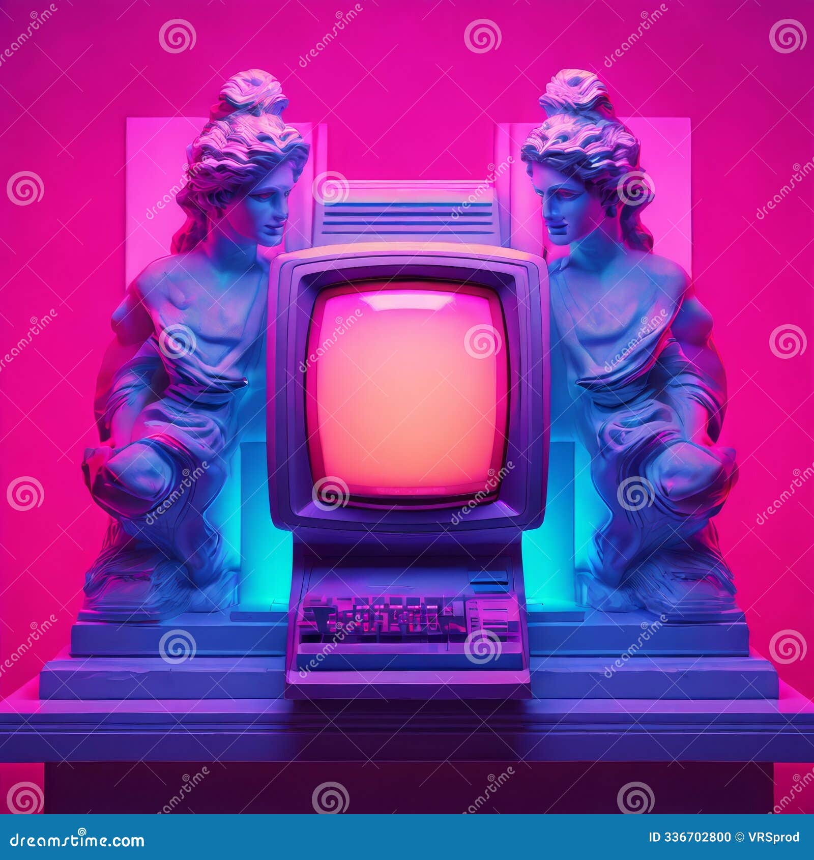 Retro-futuristic Computer Display Flanked by Classical Statues Stock ...