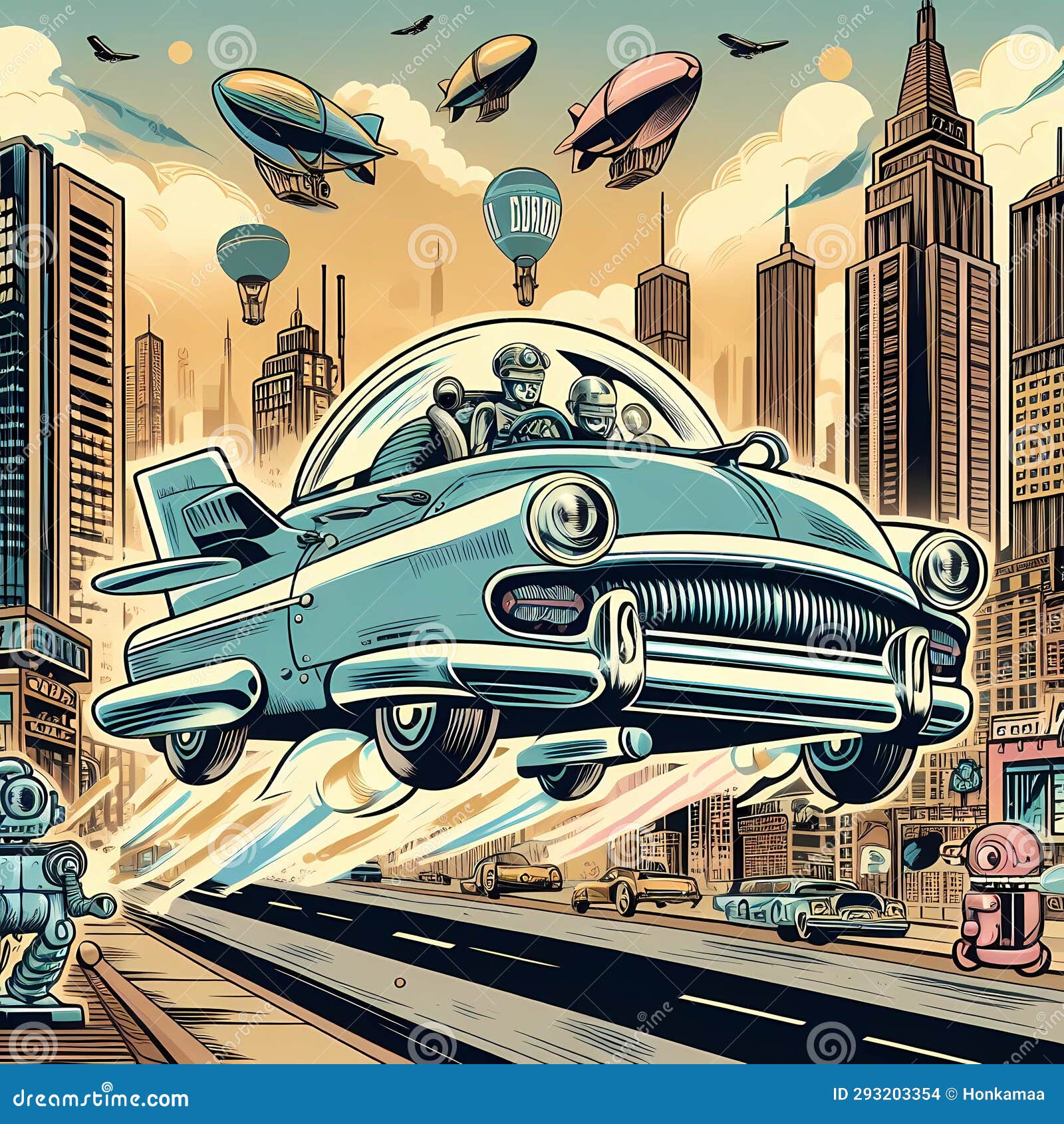 A Retro-futuristic Flying Car Stock Illustration - Illustration of ...