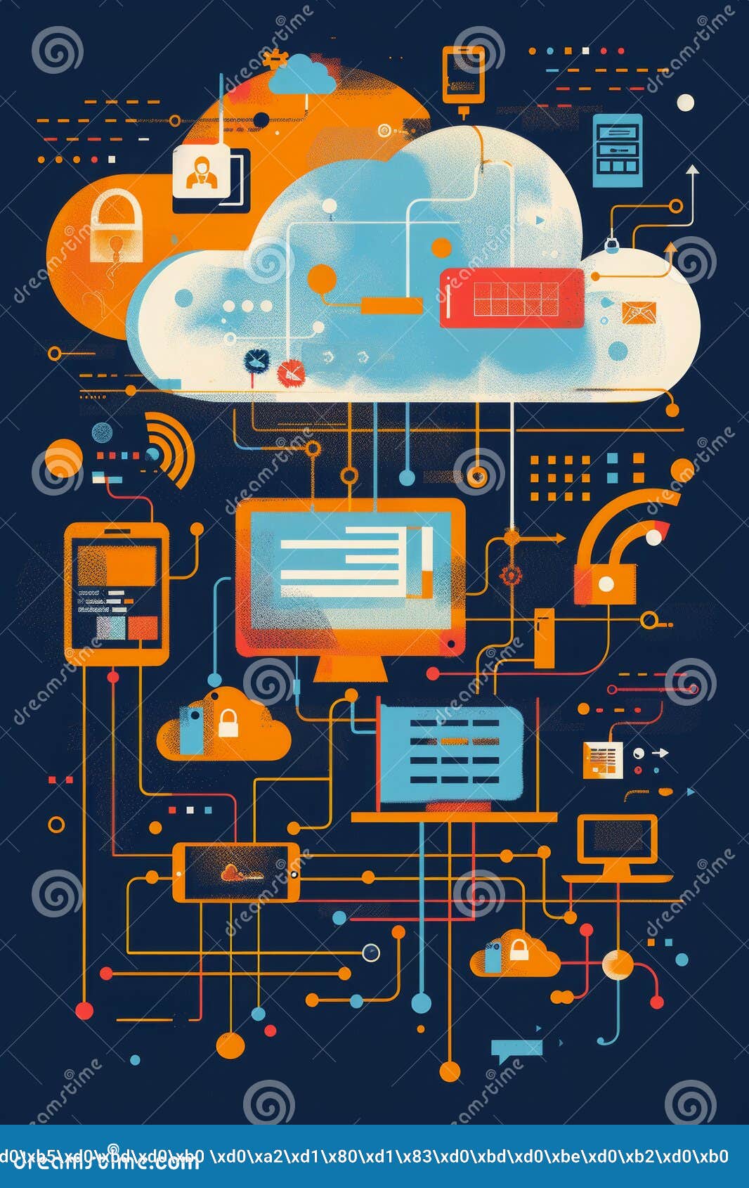Retro-futuristic Illustration of Cloud Computing with Various Devices ...