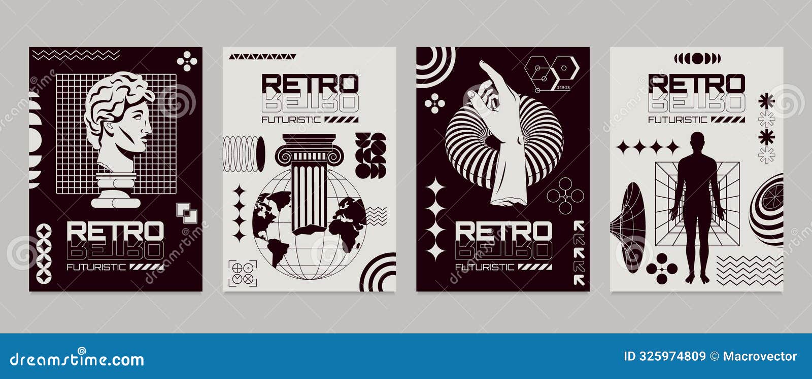 Retro Futuristic Monochrome Vertical Cards Collection Royalty-Free ...