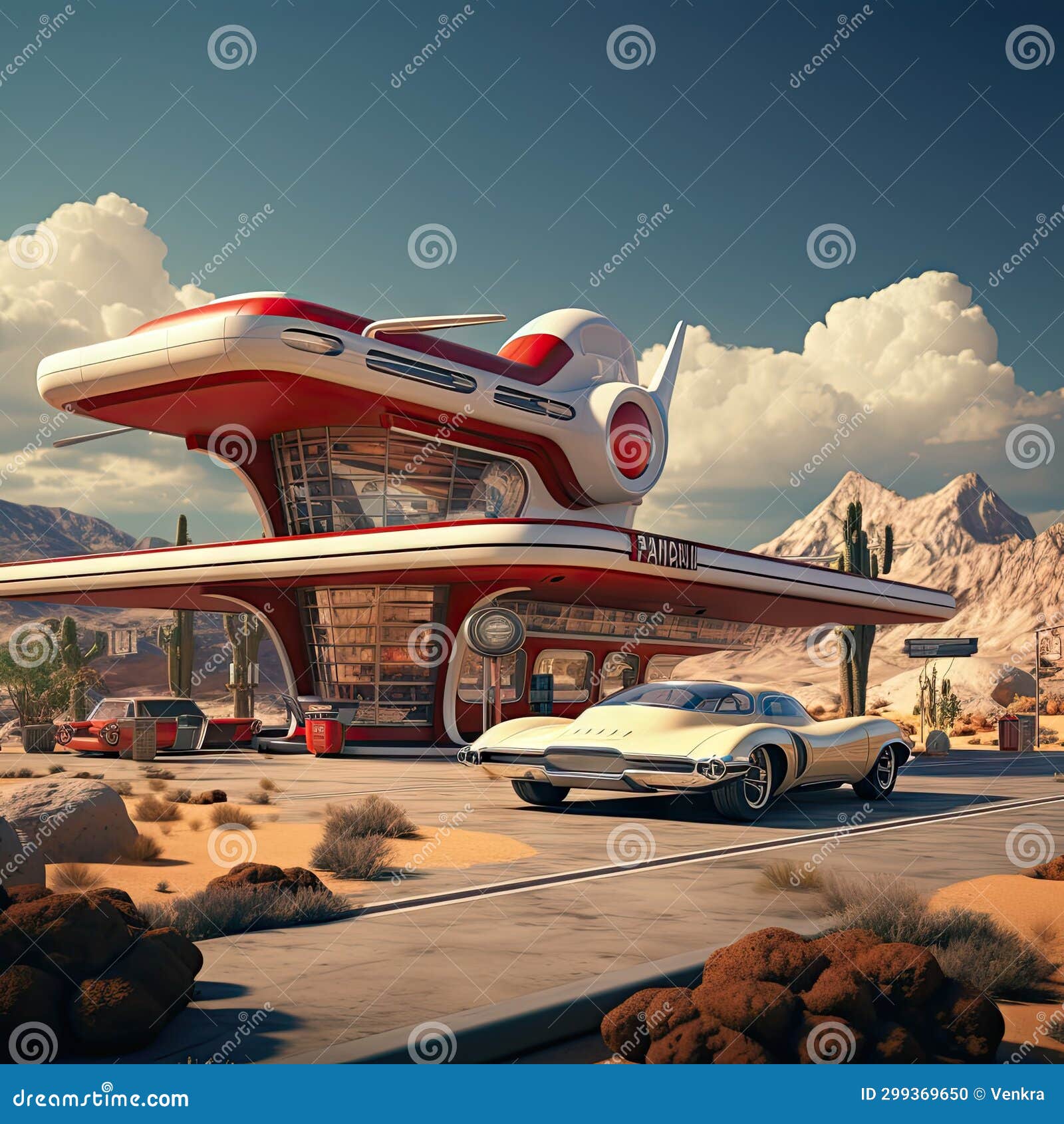 Retro-futuristic Road Trip Scene, With Vintage Cars Equipped With ... Retro-futuristic Road Trip Scene, With Vintage Cars Equipped With ...