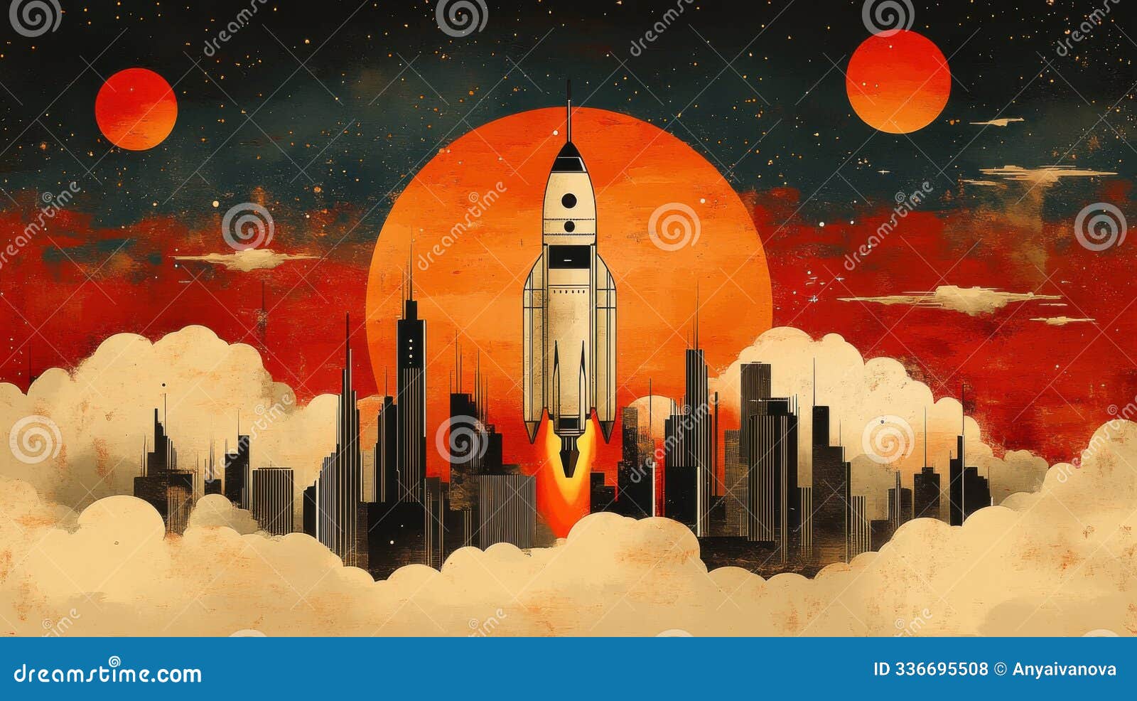 Retro Futuristic Rocket Launch Over City Skyline with Two Red Suns ...