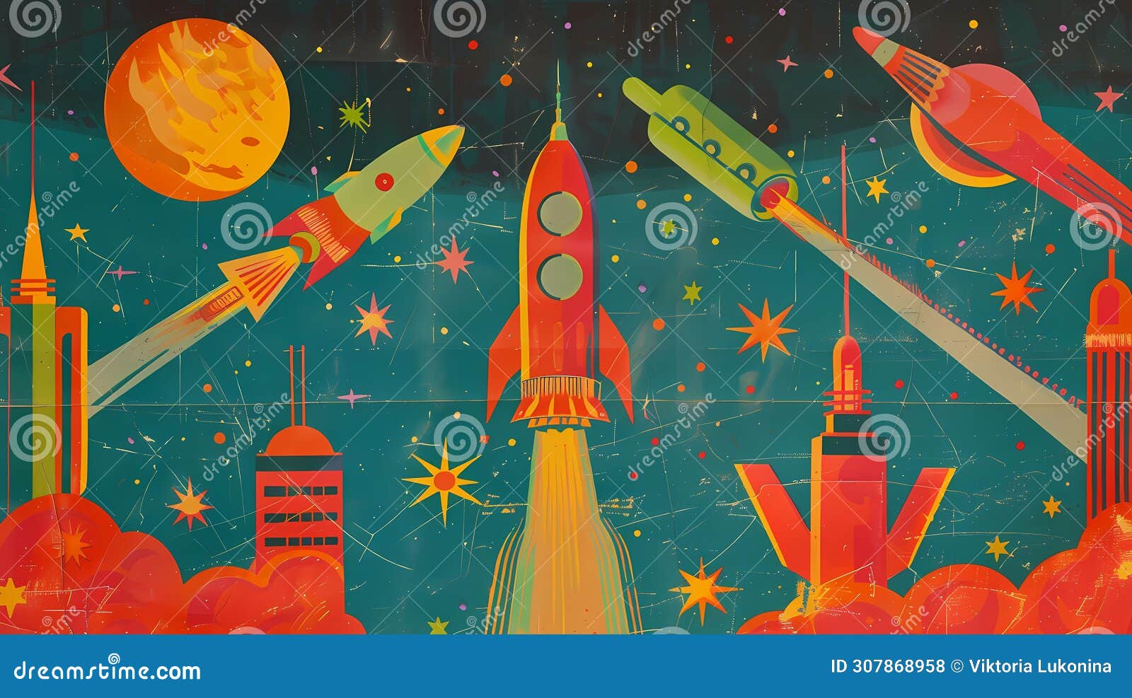 Retro Futuristic Space Scene with Rockets Stock Photo - Image of orange ...
