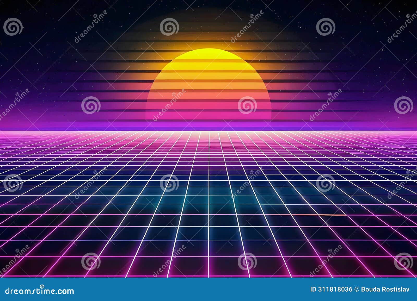 Retro-Futuristic Synthwave Grid Landscape at Sunset Stock Illustration ...