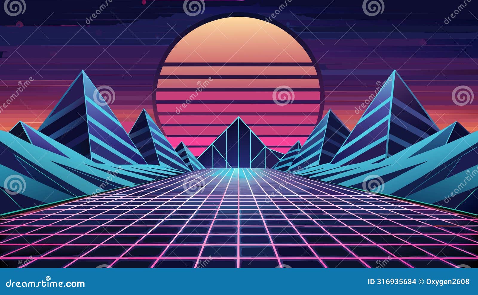 Retro-Futuristic Synthwave Landscape with Neon Grid and Mountains ...