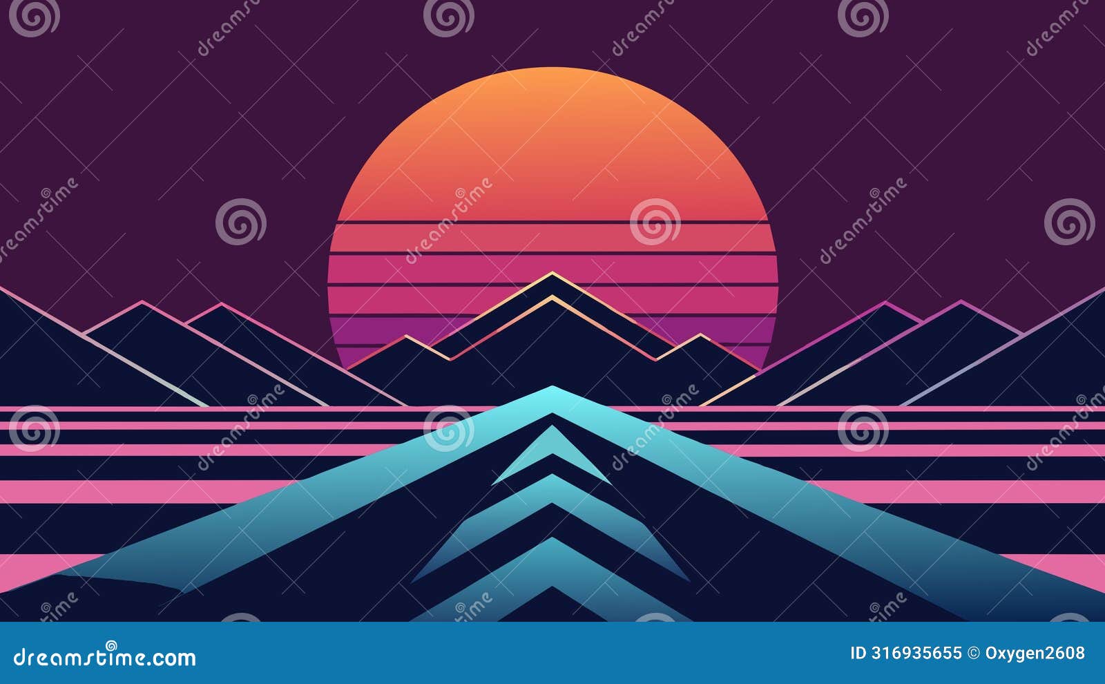 Retro Futuristic Synthwave Landscape with Vibrant Sunset Vector Stock ...