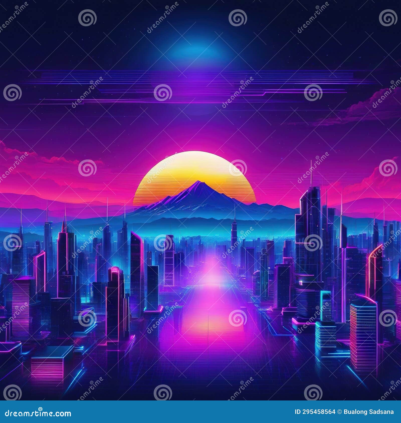 Retro Futuristic Synthwave Style Night City Colorful Background with ...