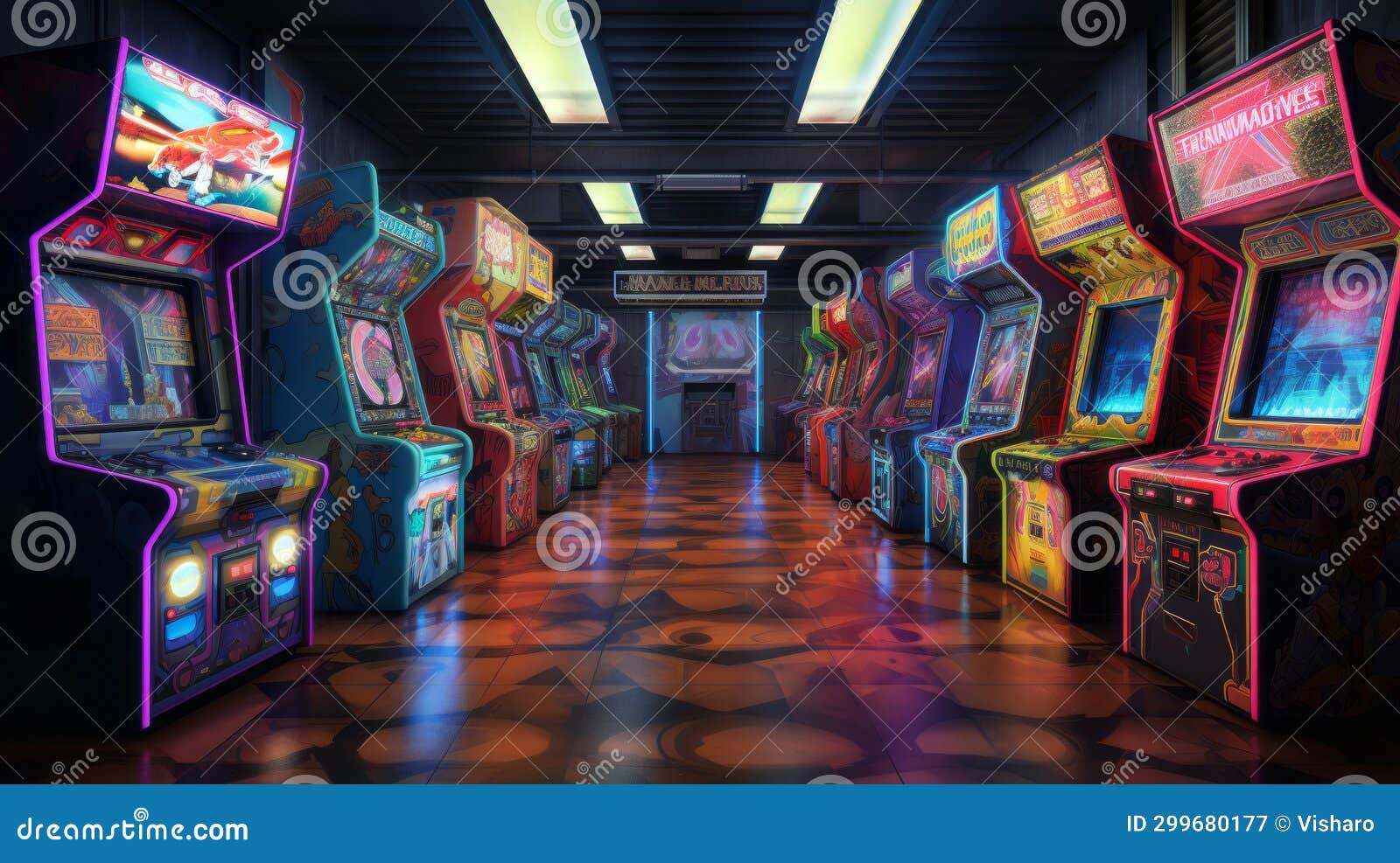 Amusement Arcade With Colorful Retro Arcade Machines And Blue Neon ...