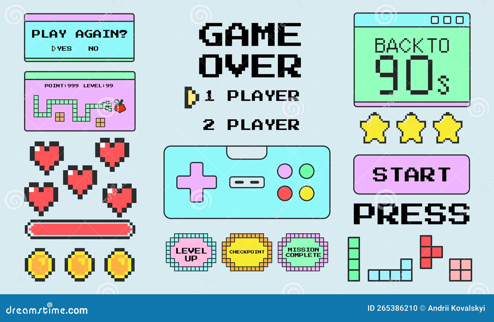 Retro Game Object Set. Set of Game User Interface Elements, Pixel Style, Retro Games, Picel Coin ...