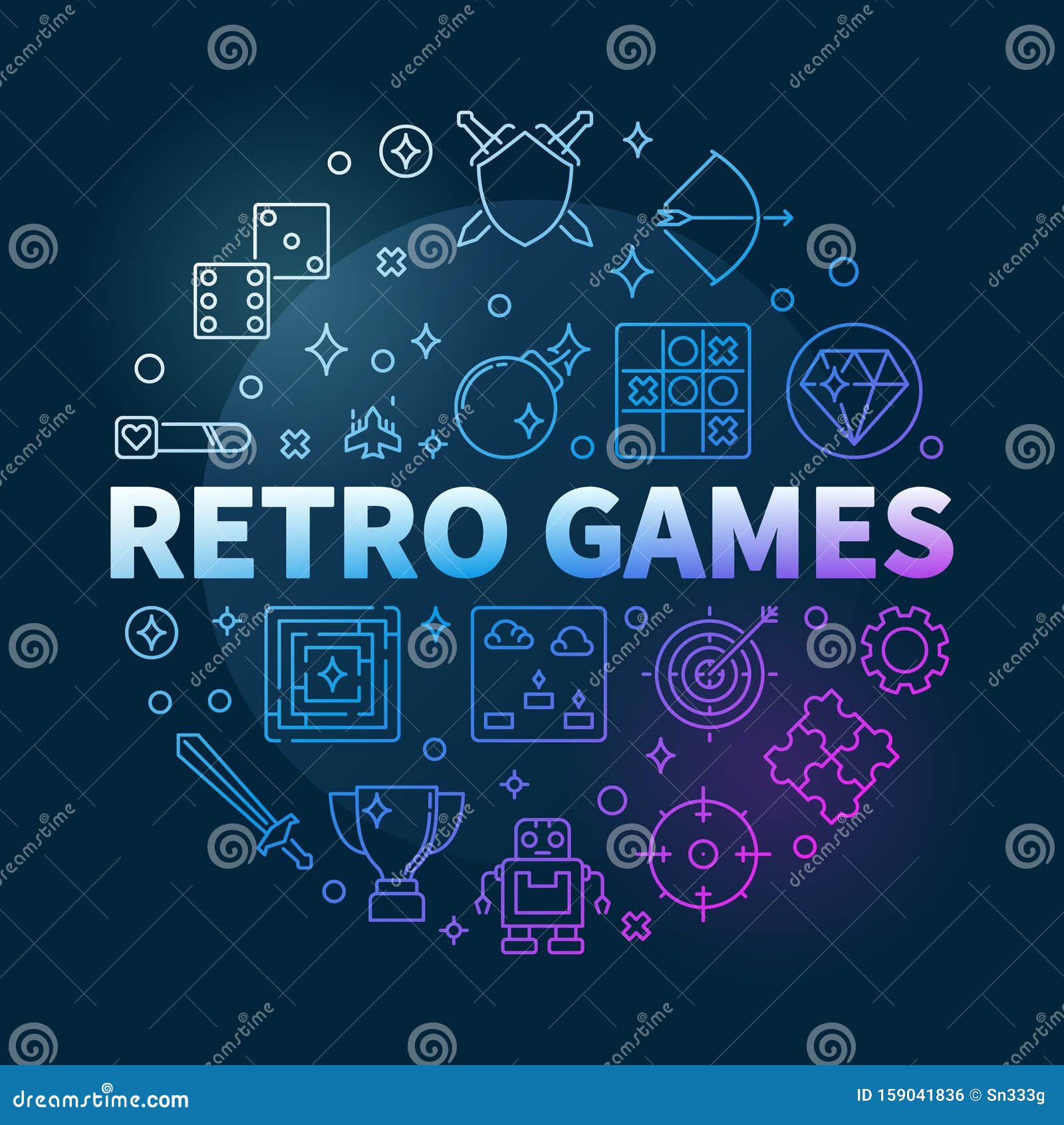 Retro Games Vector Concept Round Colored Thin Line Illustration Stock ...