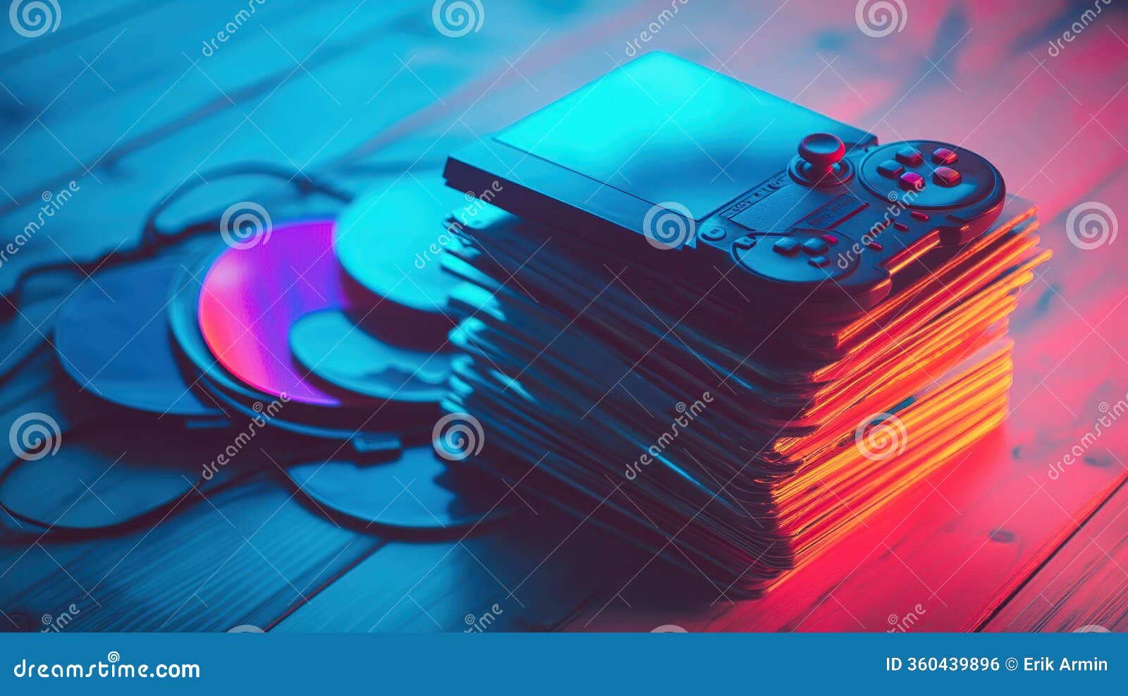 Retro Gaming Console Atop Stack of Games and CDs Under Vibrant Lighting ...