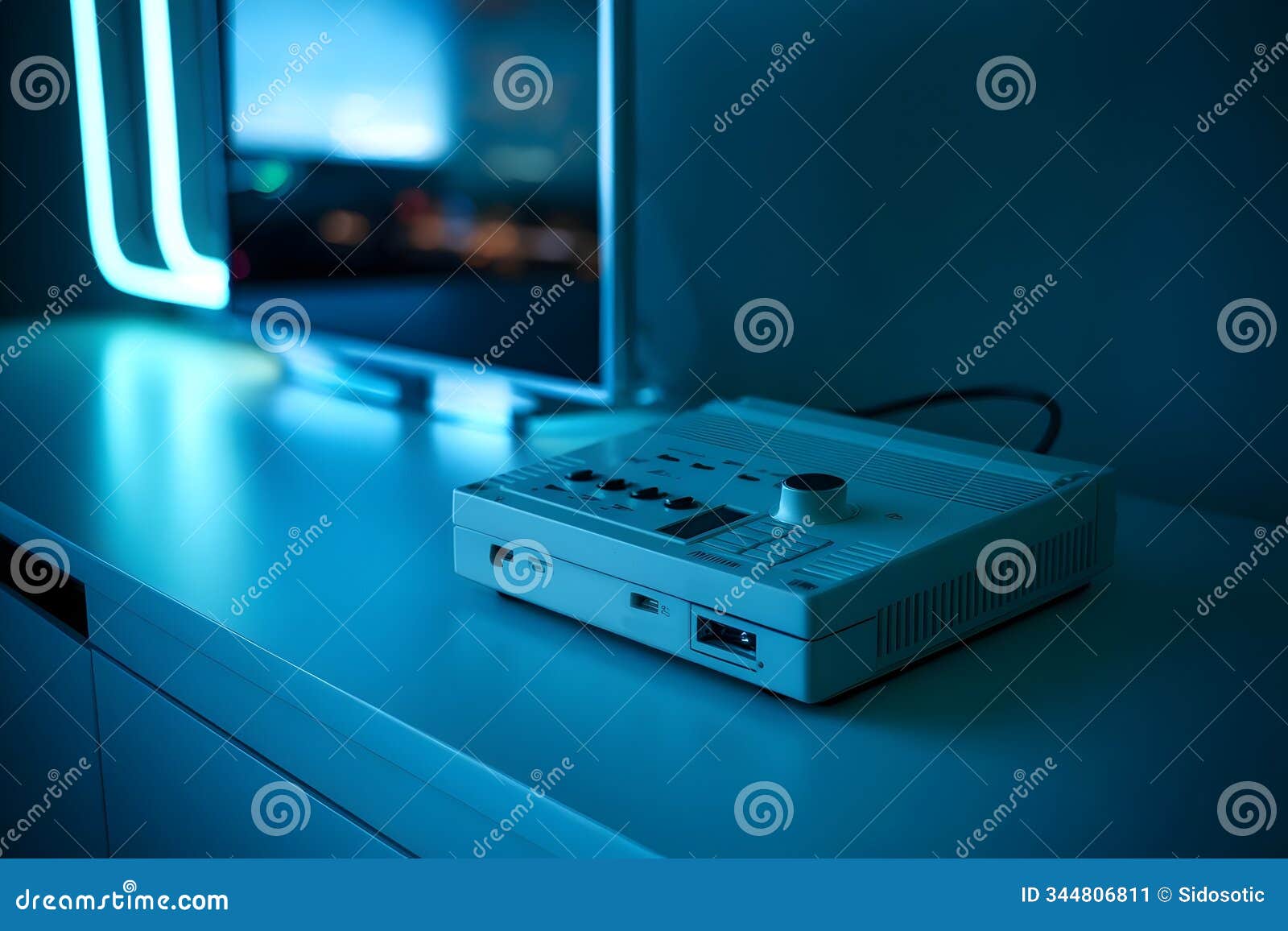 Retro Gaming Console on Minimalist Surface with Neon Lights Stock ...