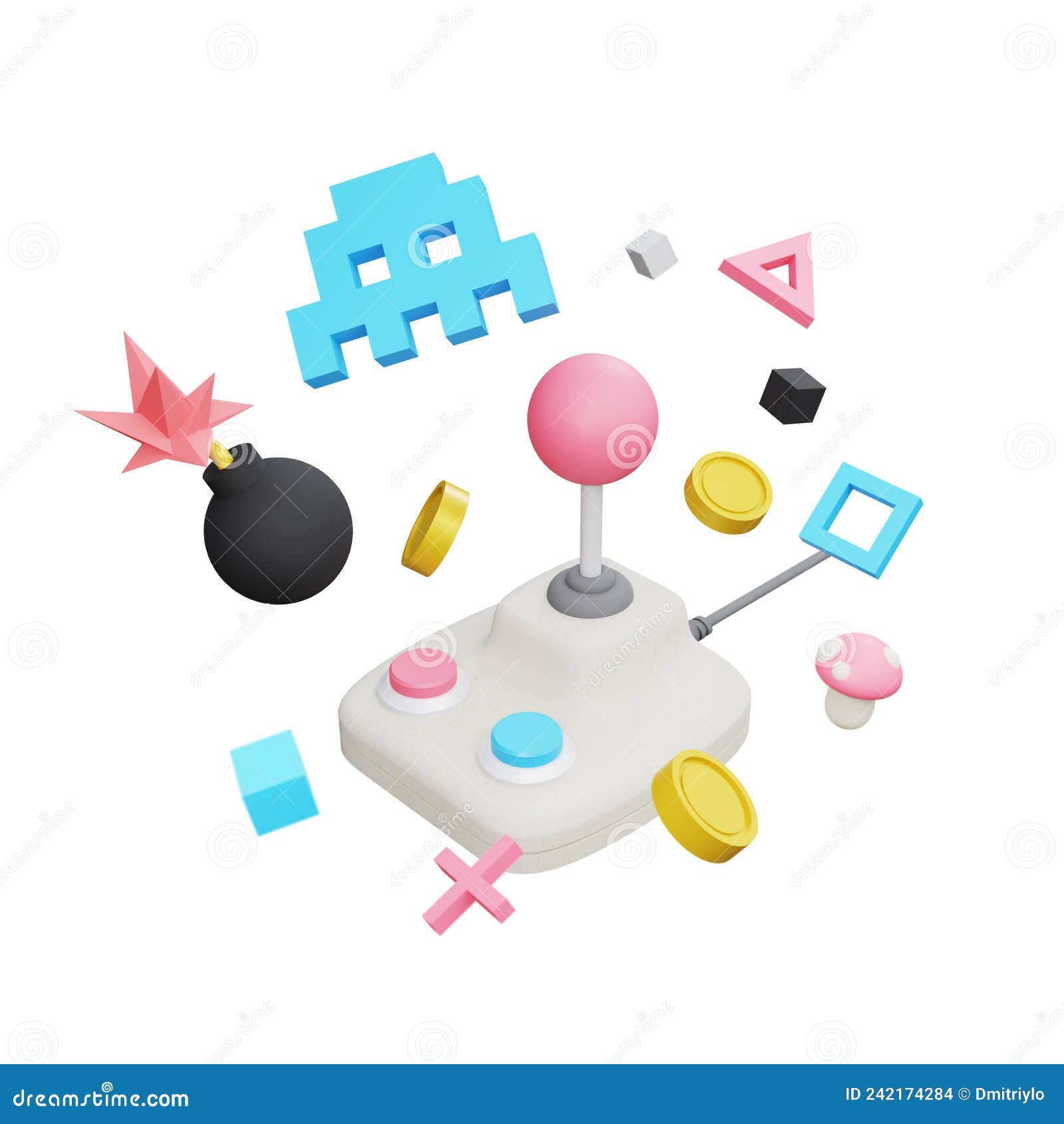 Retro Gaming 3D Render Illustration. 8bit Pixel Art Style Arcade Game ...