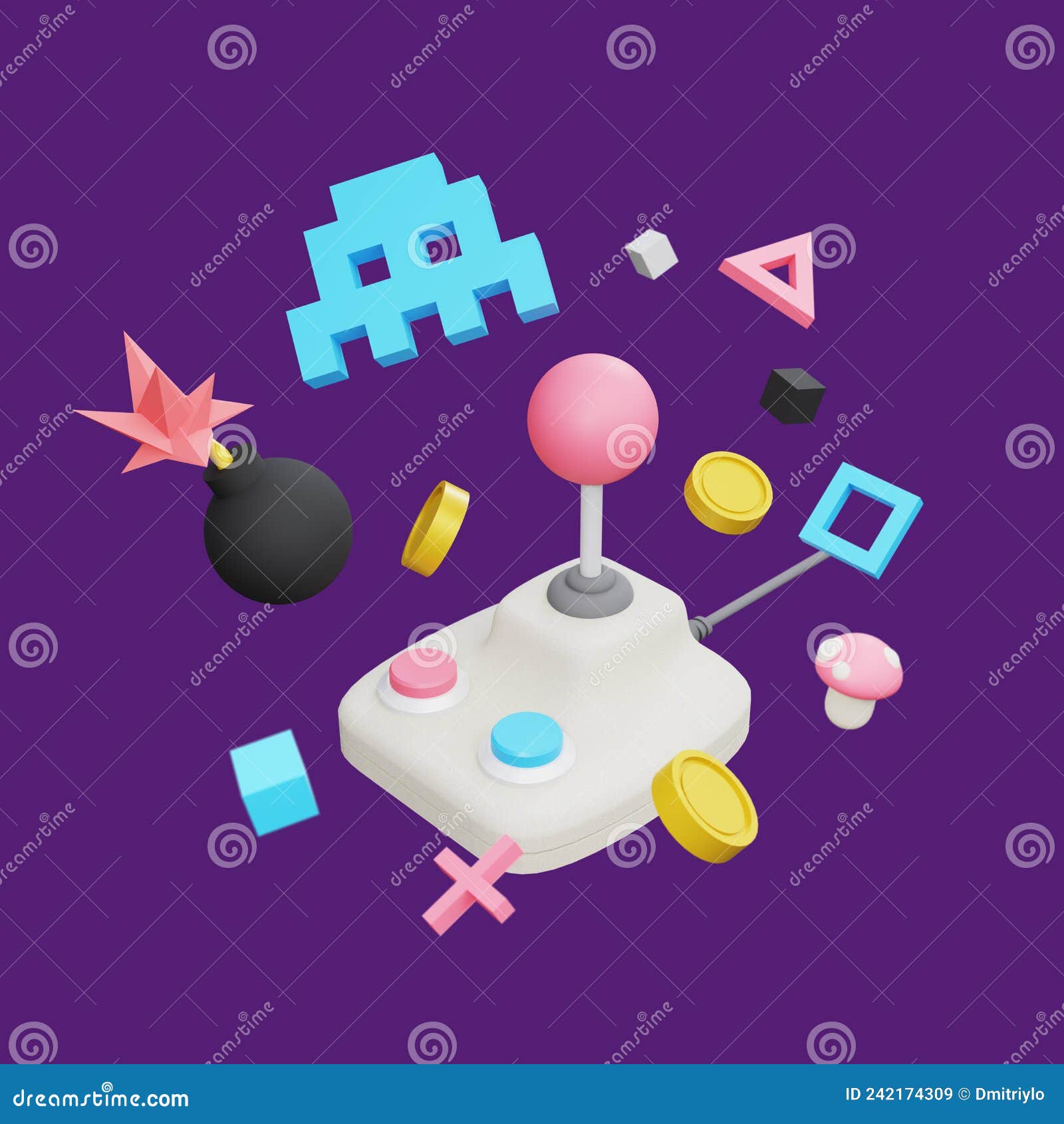 Retro Gaming 3D Render Illustration. 8bit Pixel Art Style Arcade Game ...