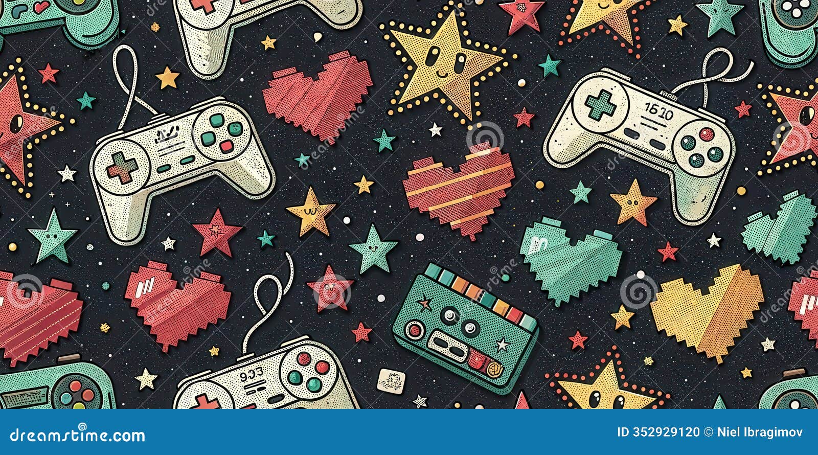 Retro Gaming Pattern with Hearts, Stars, and Controllers on a Textured ...