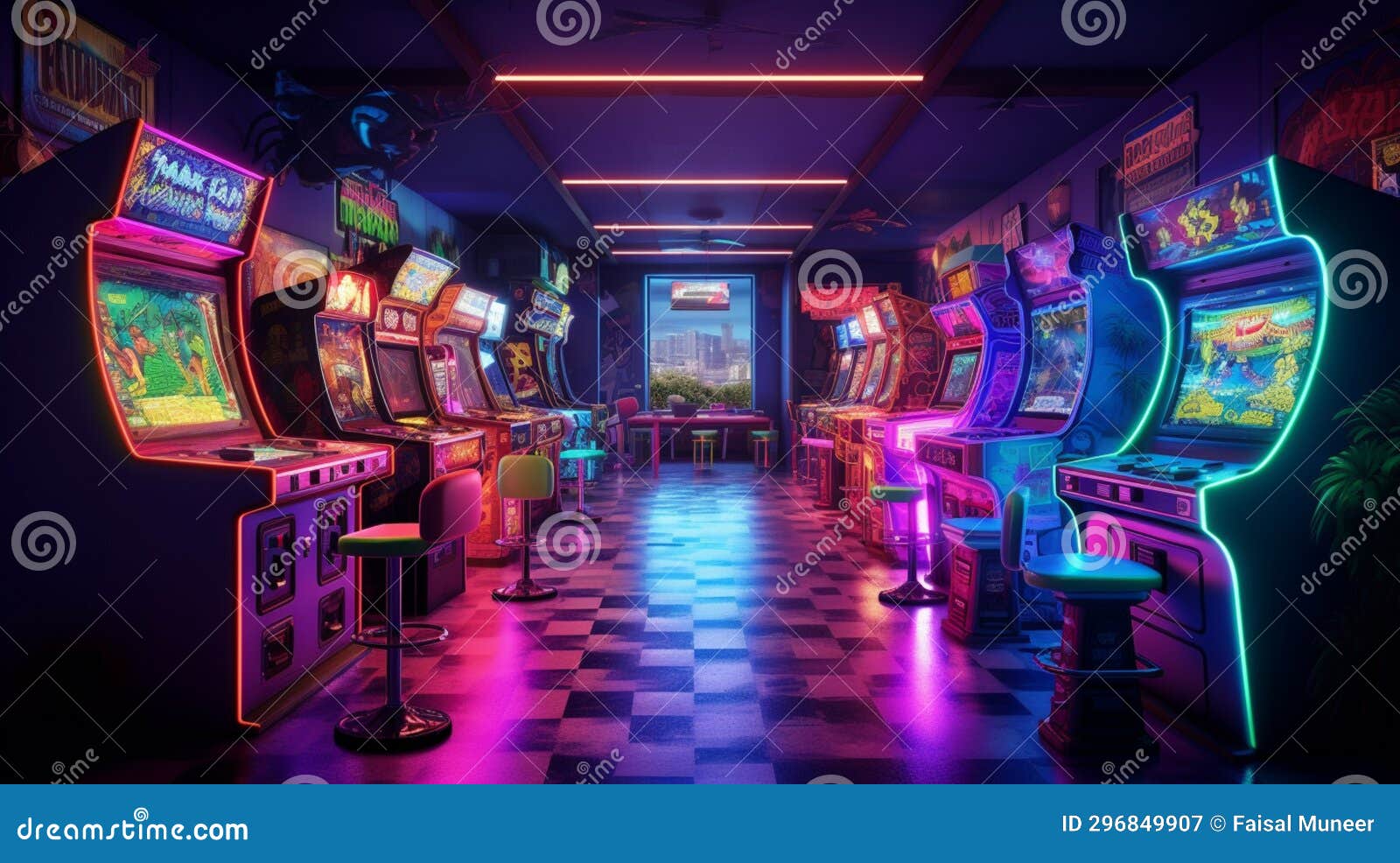 A Retro Gaming Room with Arcade Cabinets and Neon Signs Stock ...