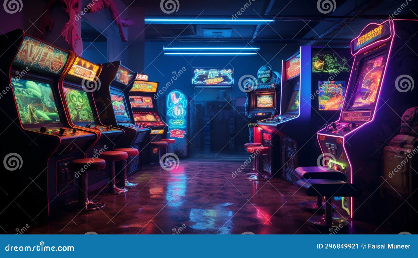 A Retro Gaming Room with Arcade Cabinets and Neon Signs Stock ...