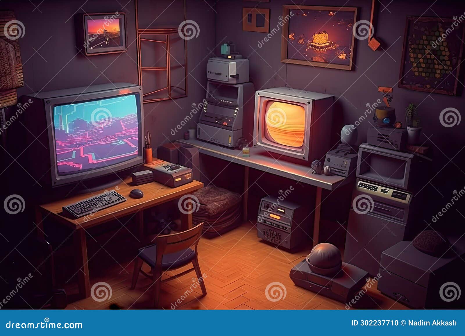 Retro Gaming Room 90s Interior Stock Illustration - Illustration of ...