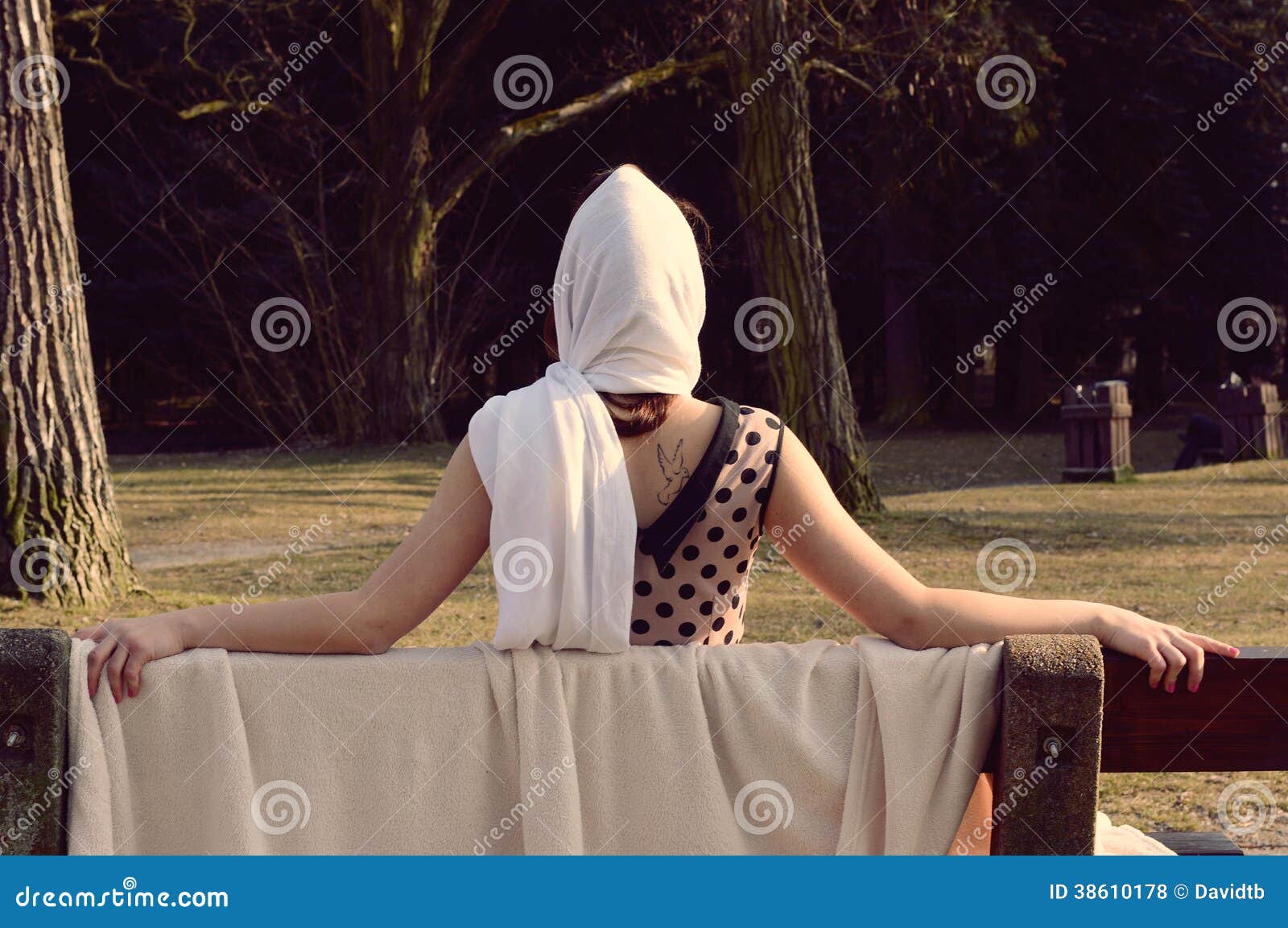 Retro girl on a park bench stock photo. Image of travel - 38610178