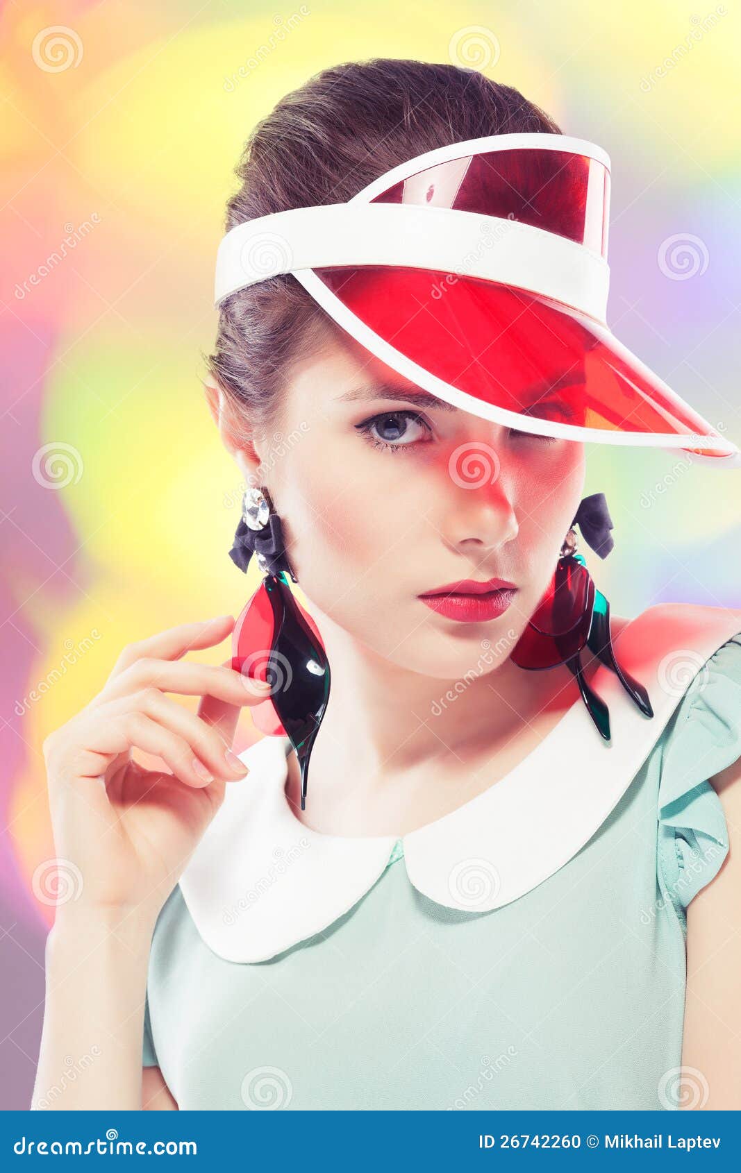 Retro Girl in Red Sun Visor Stock Photo - Image of face, fragility ...