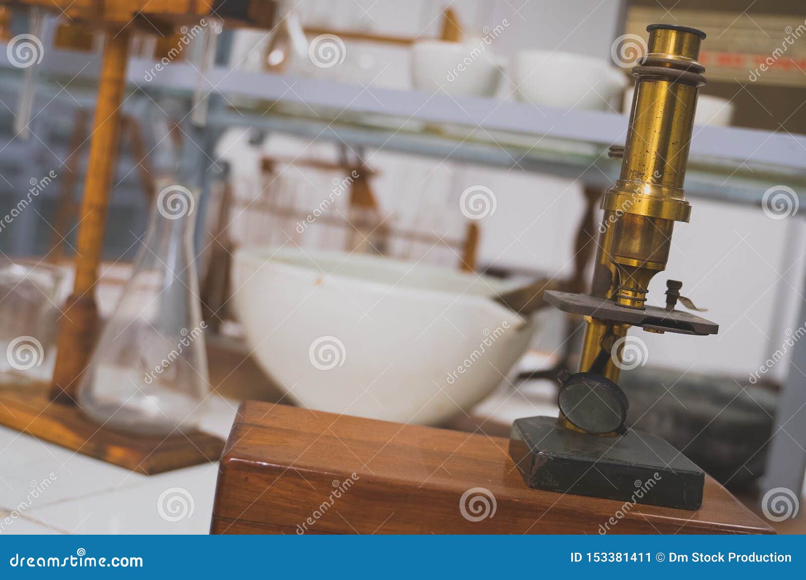 Retro golden microscope stock image. Image of lens, education - 153381411