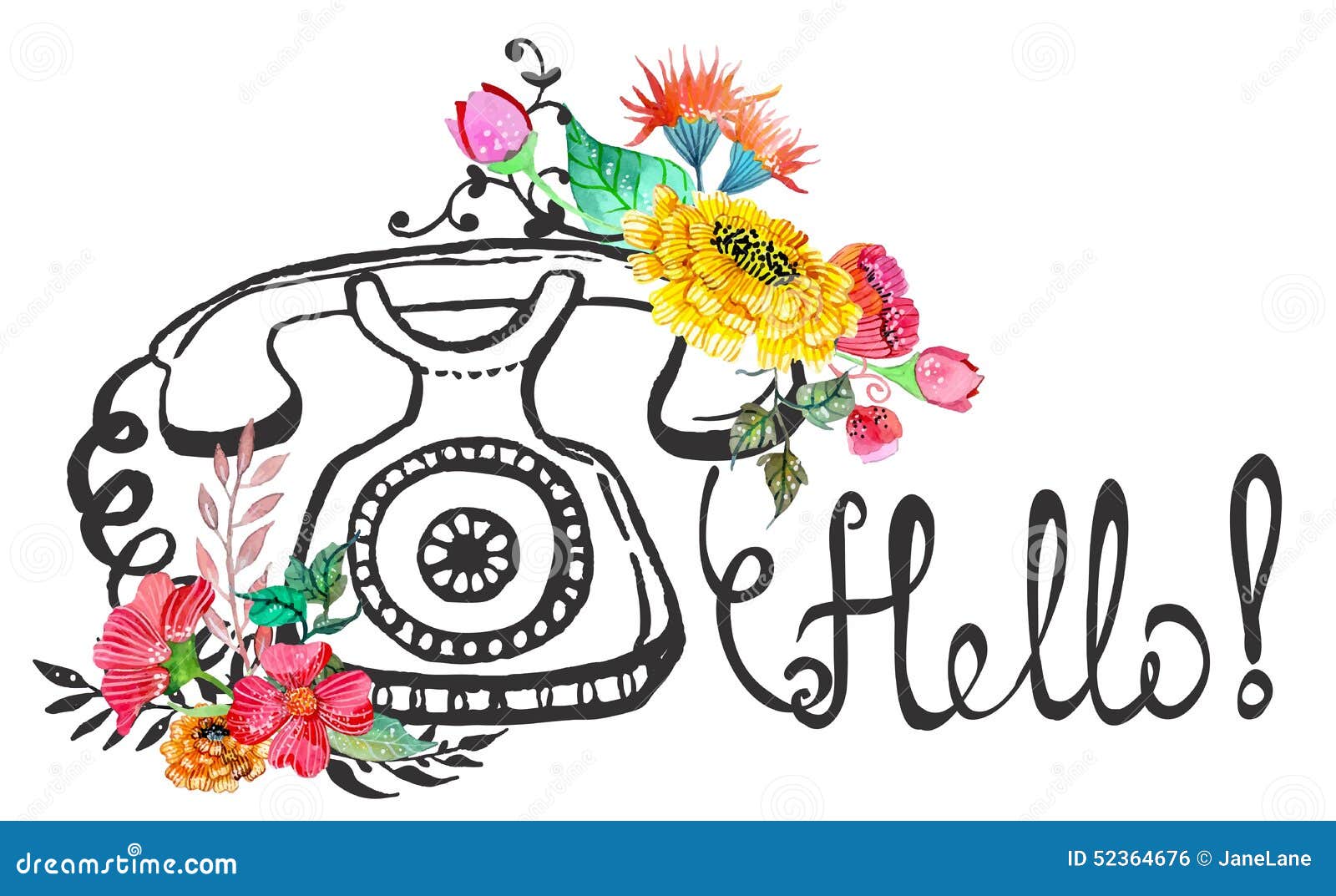 Retro Graphic Phone and Watercolor Flowers Stock Vector - Illustration ...