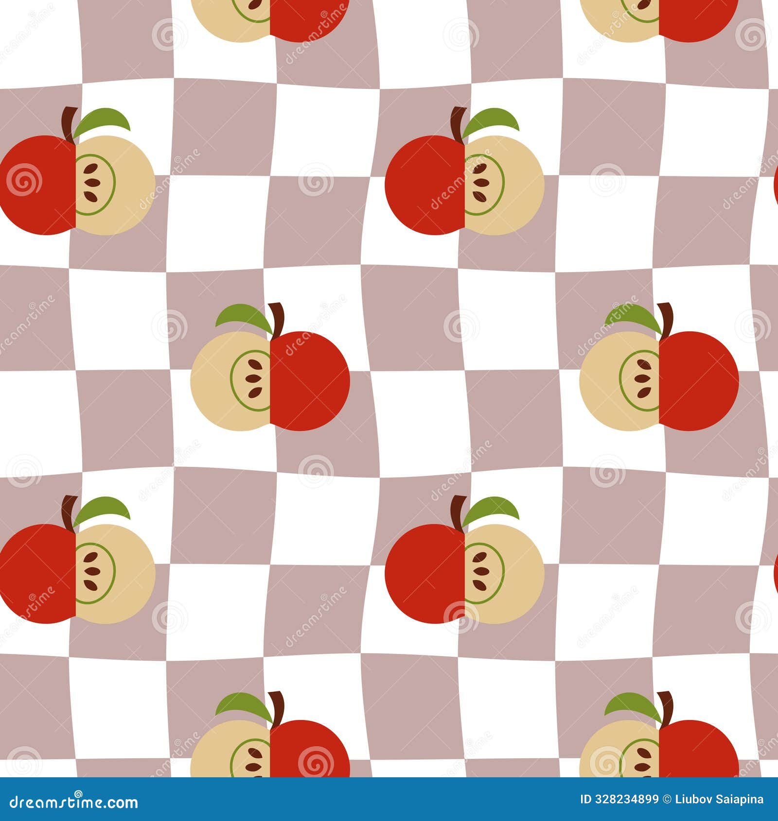 Retro Groovy Background. Seamless Pattern with Checkers and Apples. 60 ...