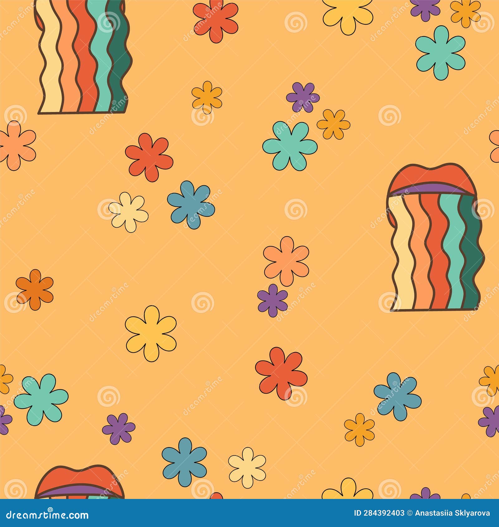 Retro Groovy Symbols Vector Seamless Pattern Psychedelic Rainbow and ...