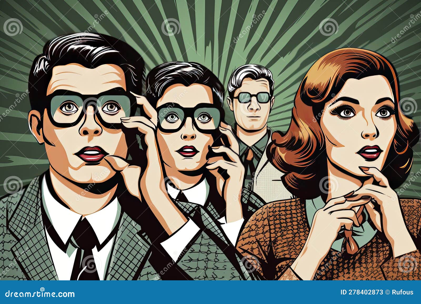 Retro Group of People are Watching on the Silver Screen. Pop Art Retro ...